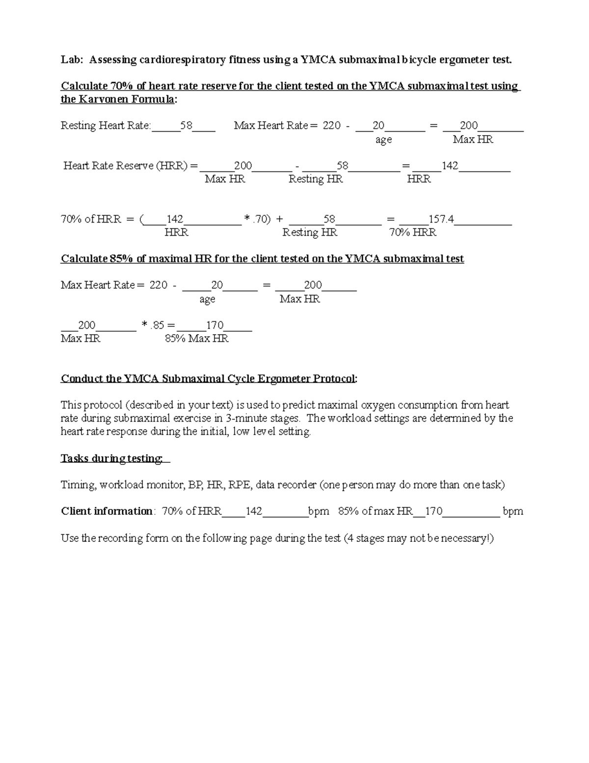Lab Ymca Bike Test 1 Copy Lab Assessing Cardiorespiratory