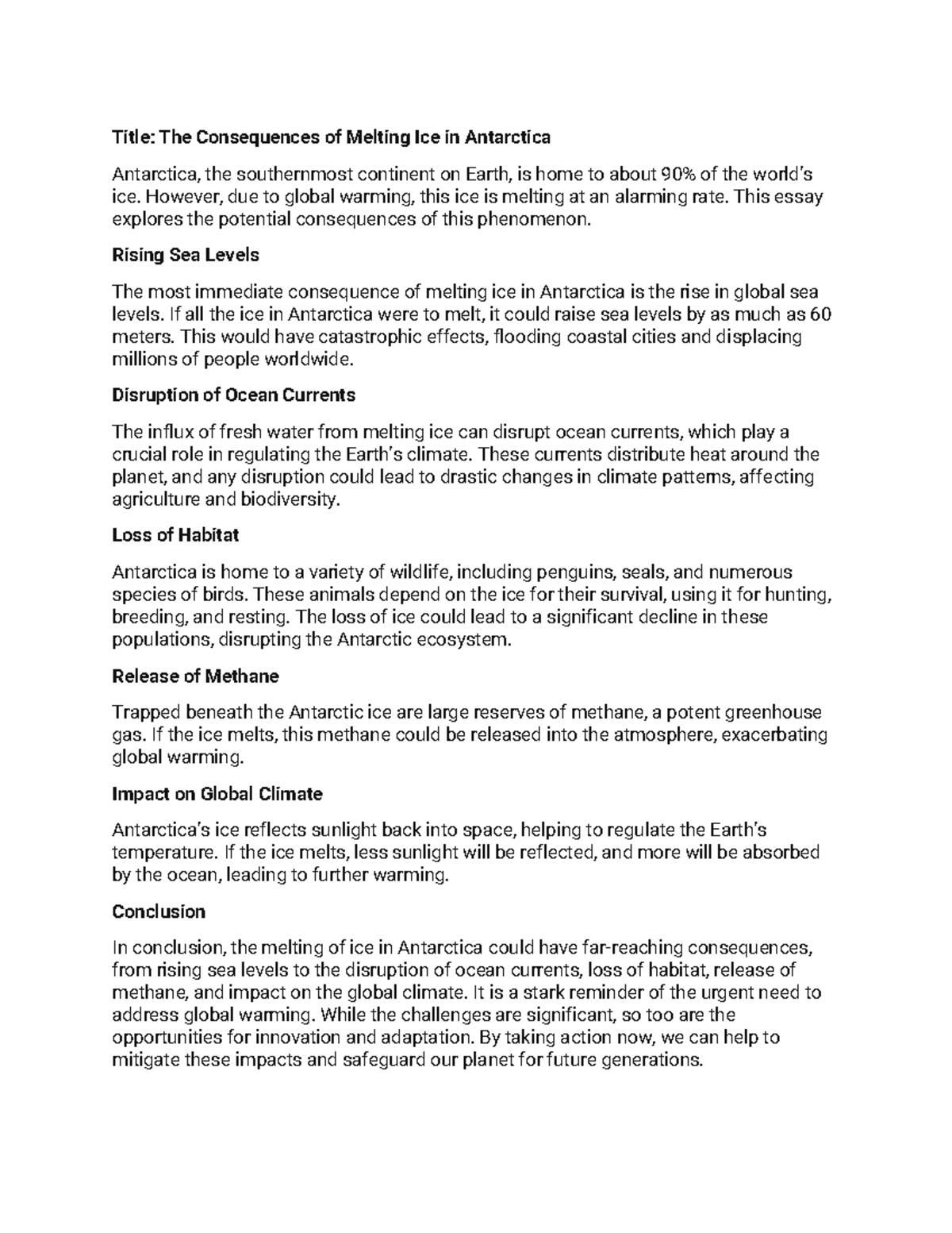Ice Melts Antartica - Essay writings - Title: The Consequences of ...