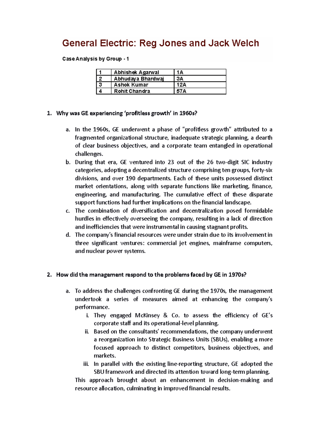 General Electric Case - General Electric: Reg Jones and Jack Welch Case Analysis by Group - 1 1 ...