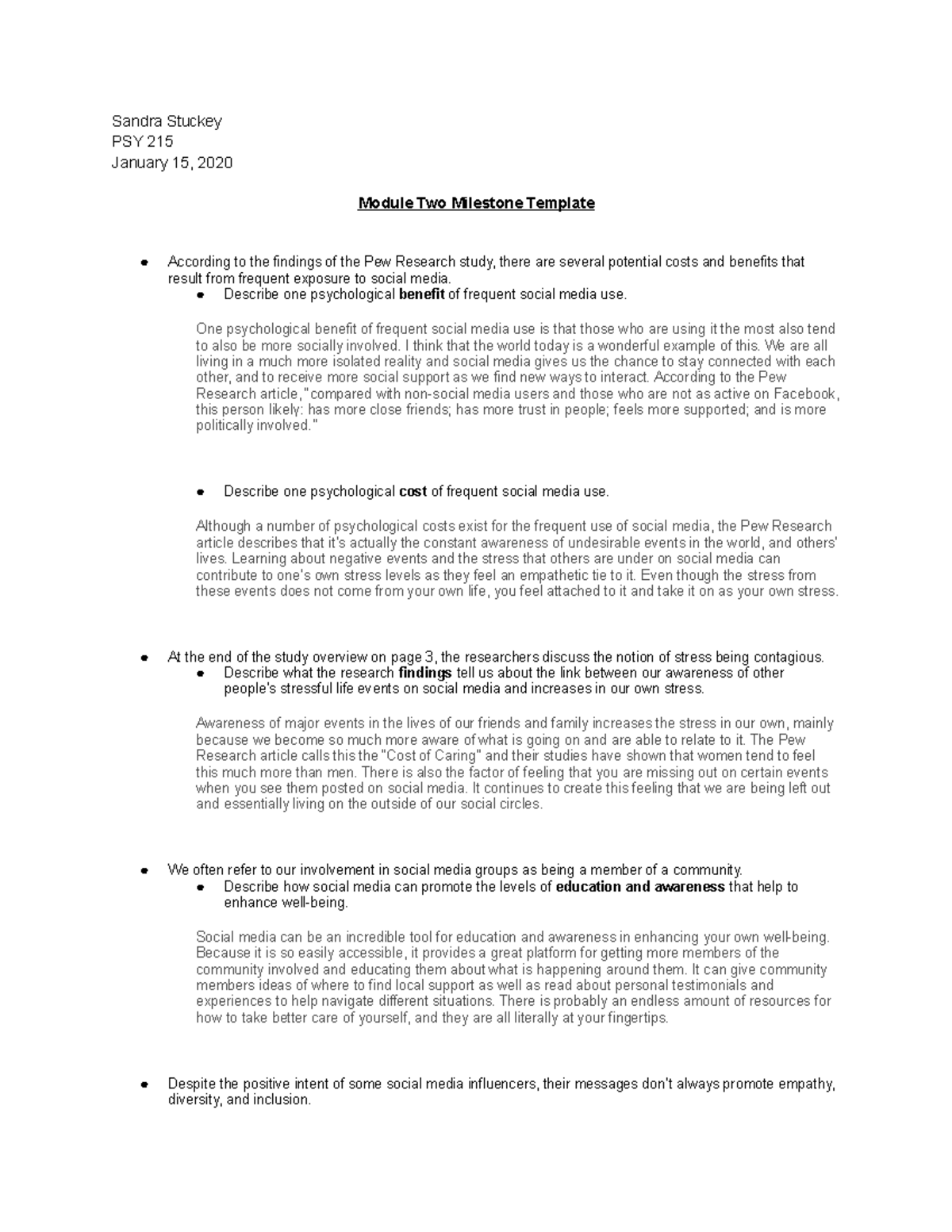 PSY215 2-2 assignment - Sandra Stuckey PSY 215 January 15, 2020 Module ...