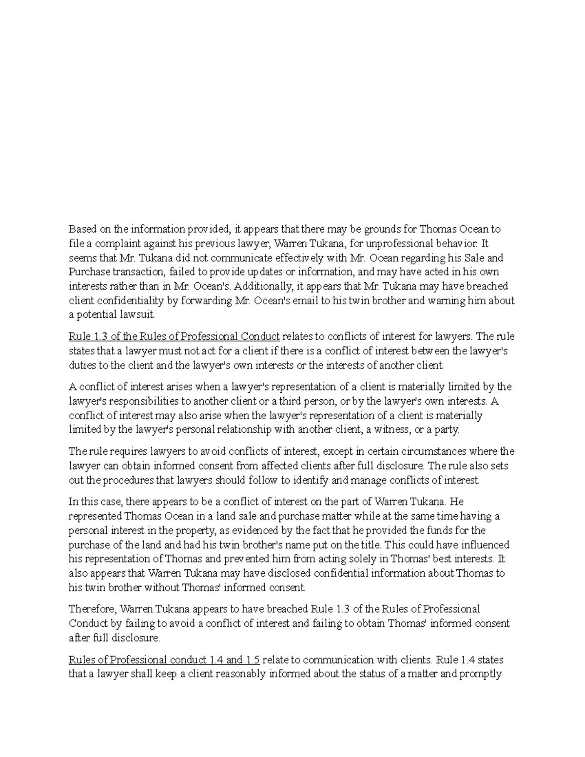 Assignment 306 - ESSAY - Based on the information provided, it appears that there may be grounds ...