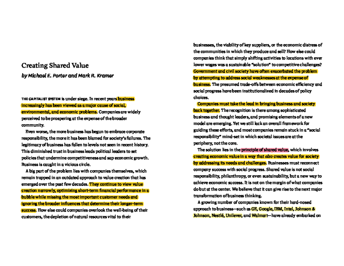 Creating Shared Value- Porter - Creating Shared Value by Michael E ...