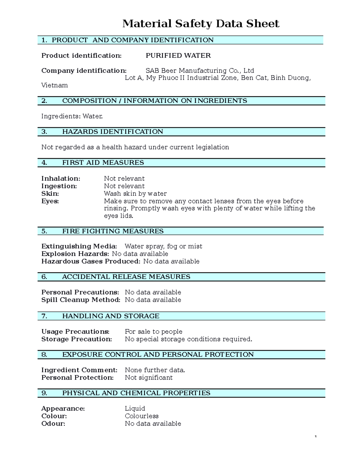 MSDS-Purified water 1 - 1. PRODUCT AND COMPANY IDENTIFICATION Product ...