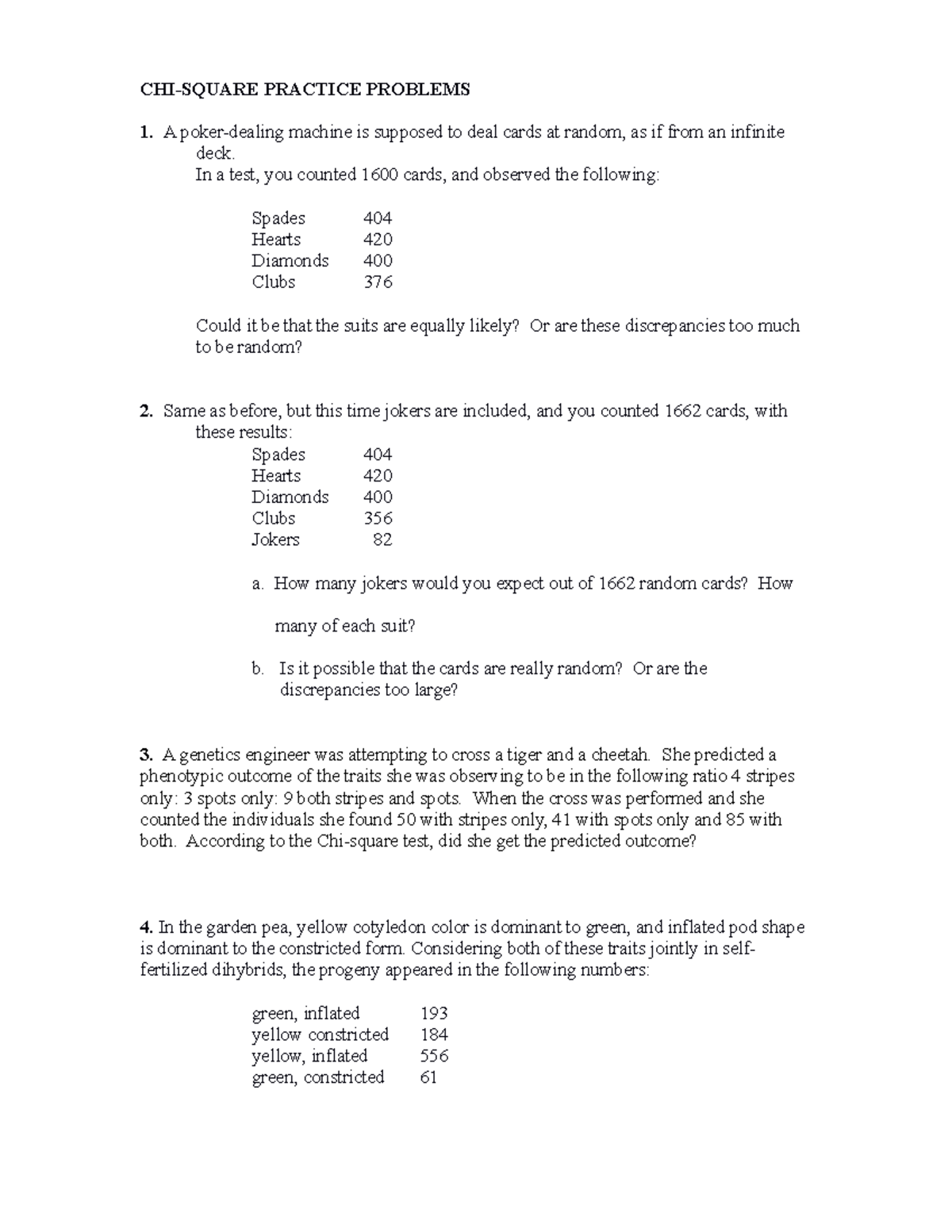 Chi square practice problems - CHI-SQUARE PRACTICE PROBLEMS 1. A poker ...