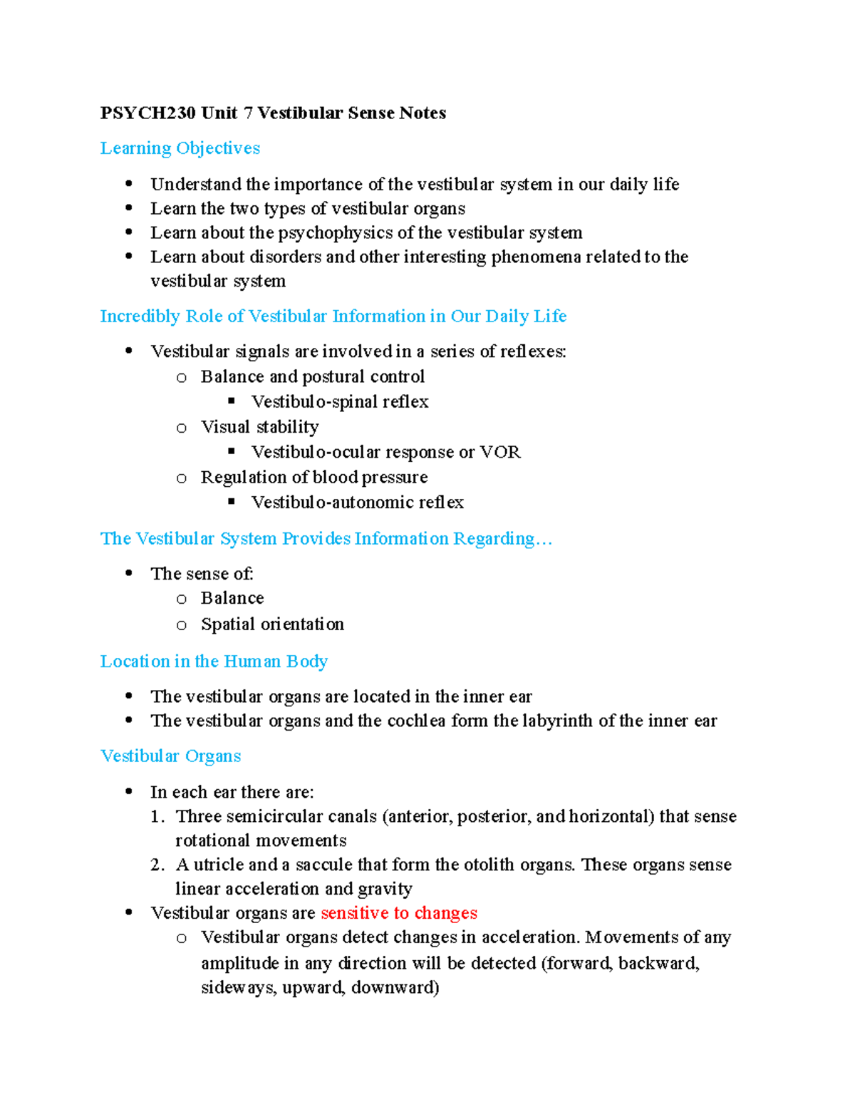 Psych 230 Unit 7 Vestibular Sense Notes - PSYCH230 Unit 7 Vestibular ...