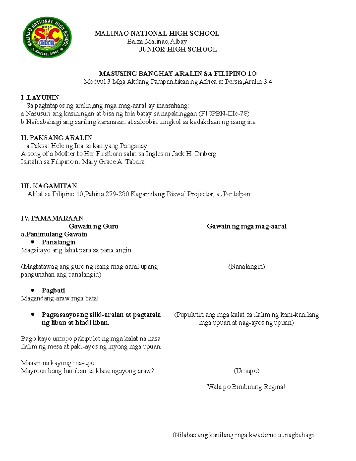 THIS ARE SOME EXAMPLES OF MASUSING BANGHAY ARALIN I MADE IN FILIPINO 10 ...