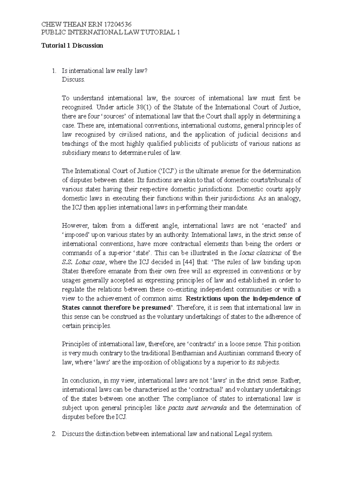 Tutorial 1 - CHEW THEAN ERN 17204536 PUBLIC INTERNATIONAL LAW TUTORIAL ...