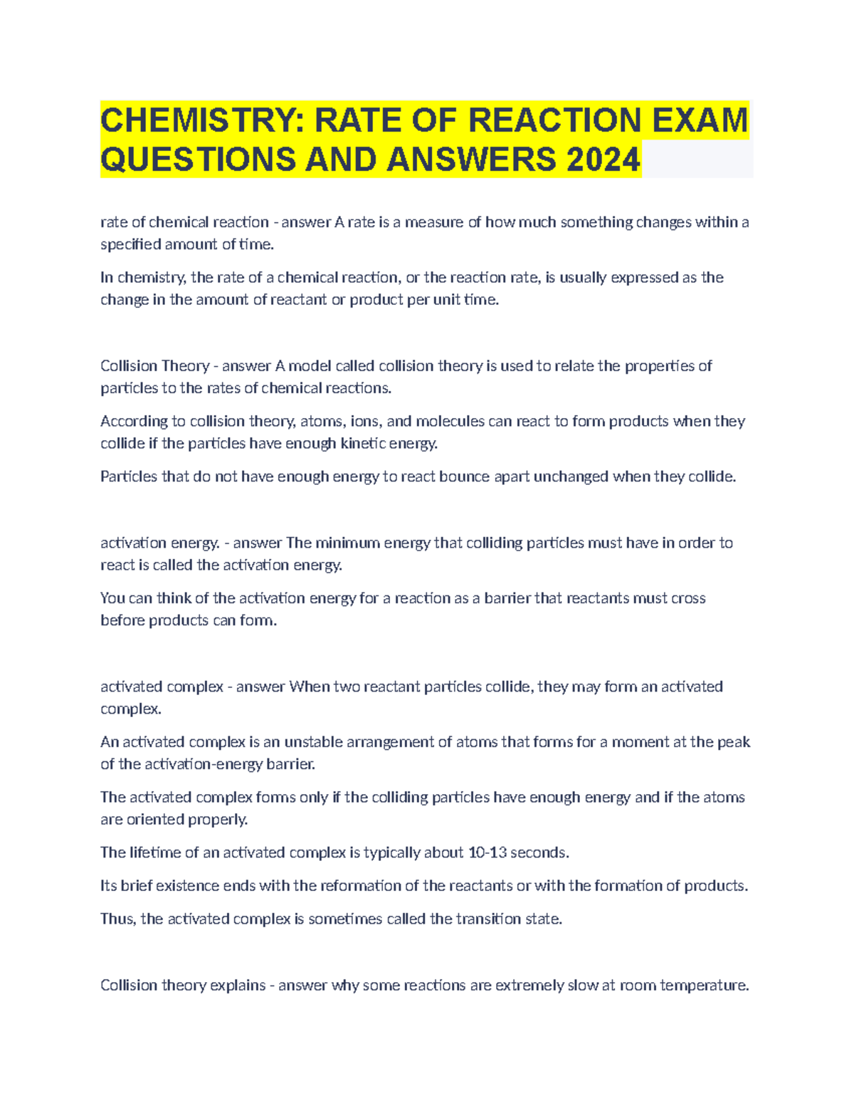 Chemistry RATE OF Reaction EXAM Questions AND Answers 2024 - CHEMISTRY ...