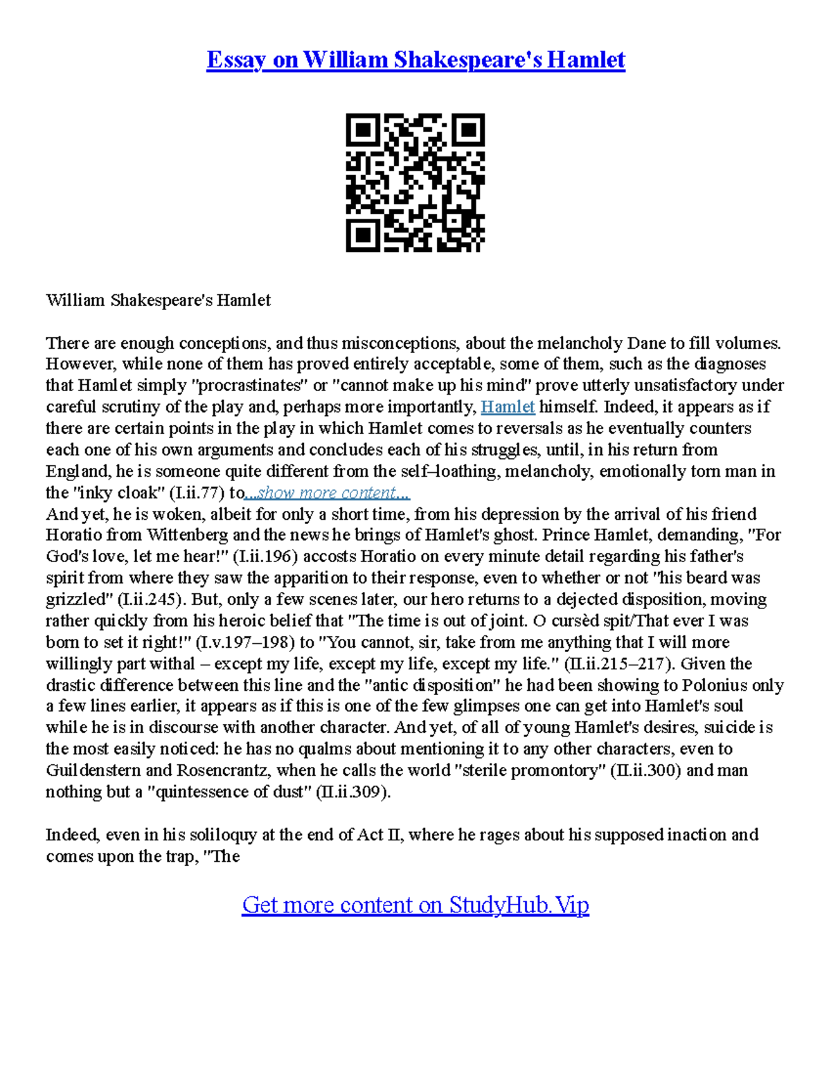 Essays On Hamlet - Essay on William Shakespeare's Hamlet William ...