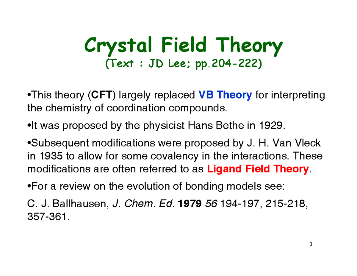 Crystal Field Theory - Crystal Field Theory (Text : JD Lee; pp-222 ...