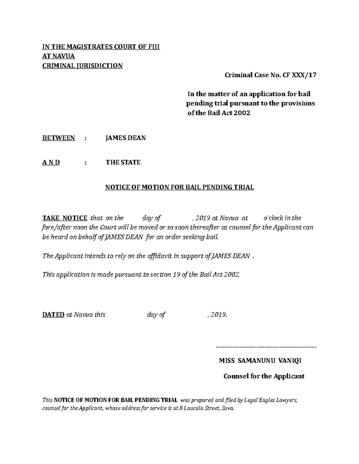Sample 1 Motion for Bail - IN THE MAGISTRATES COURT OF FIJI AT NAVUA ...