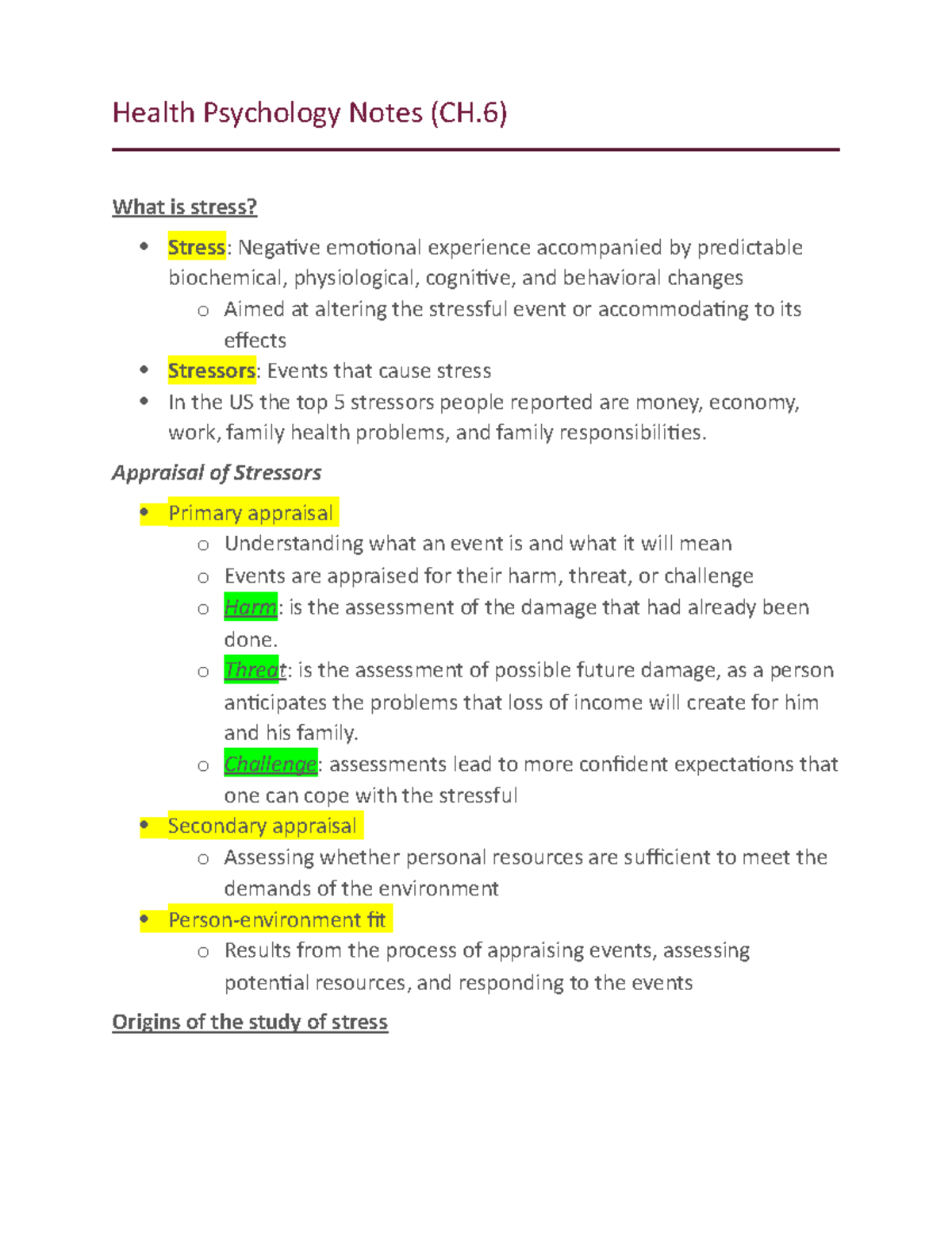 CH.6 Notes - Lecture note Week 2 - Health Psychology Notes (CH) What is ...
