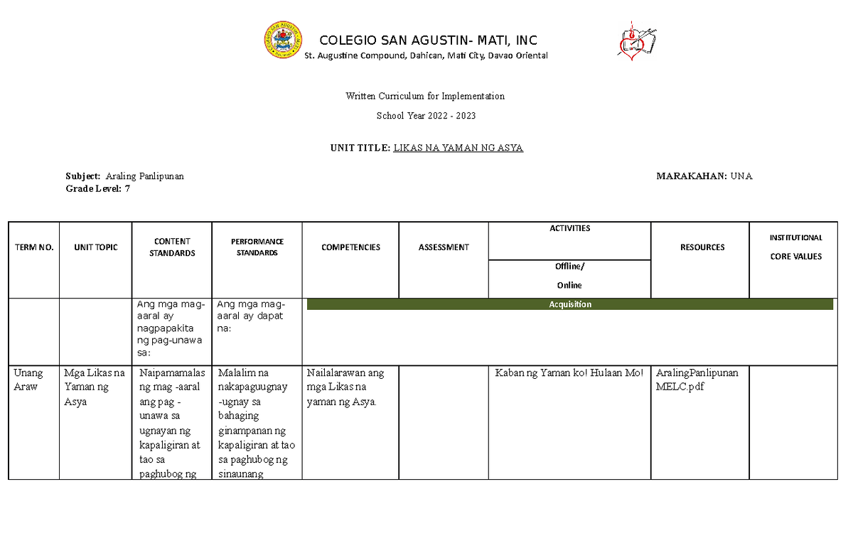Curriculum-Map-Template - COLEGIO SAN AGUSTIN- MATI, INC St. Augustine ...