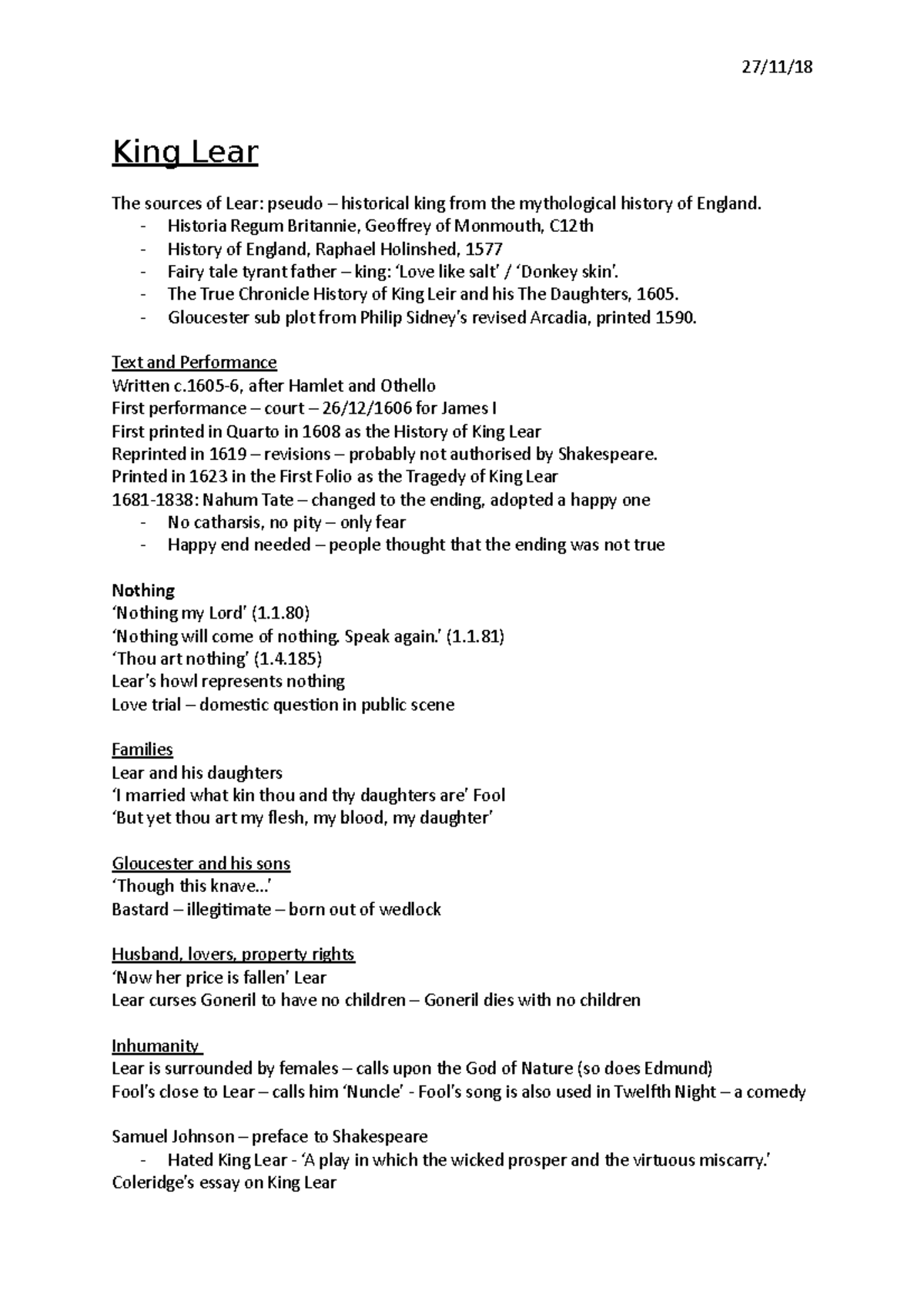 King Lear - EN1106 - King Lear The sources of Lear: pseudo – historical ...