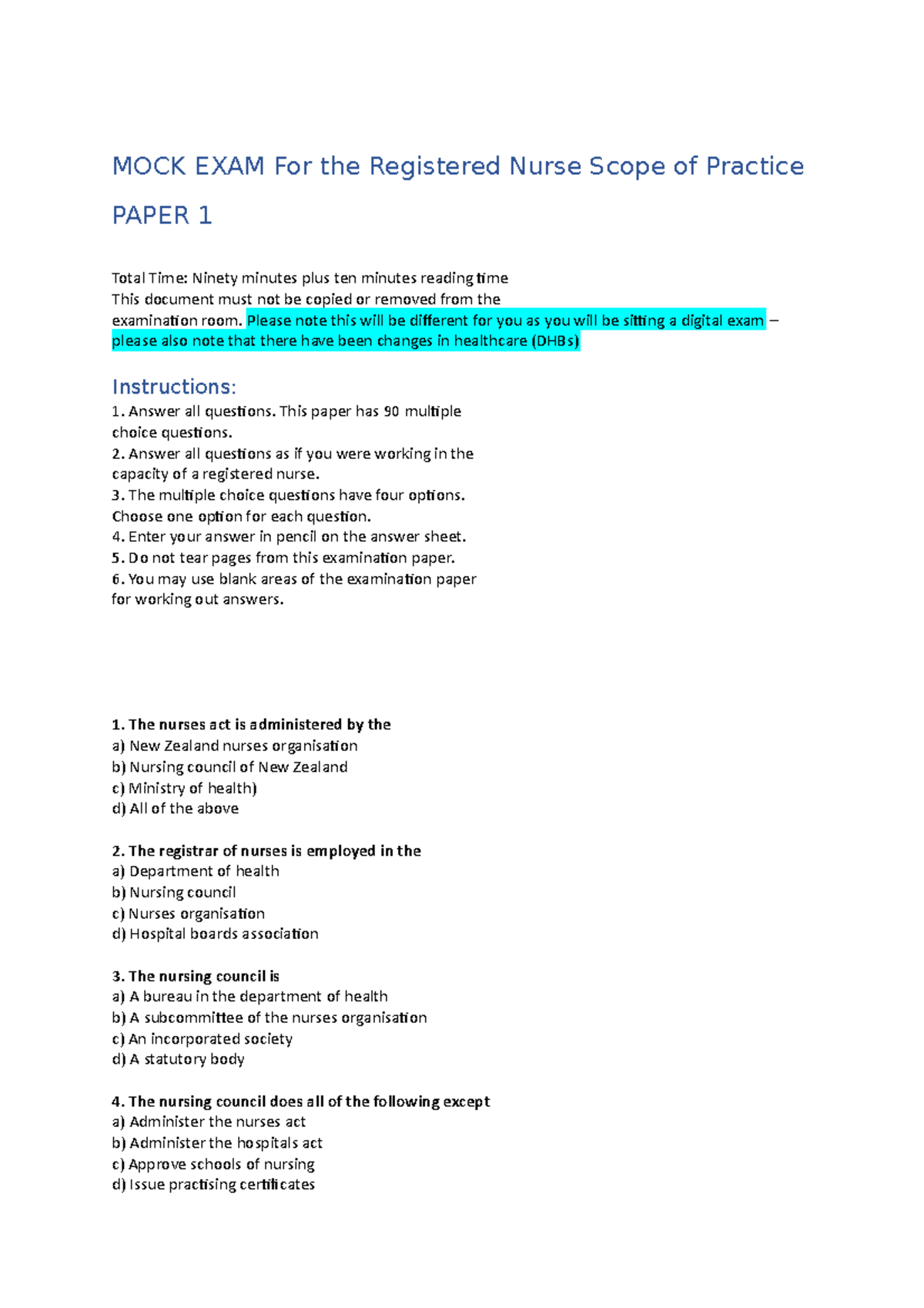 Mock exam P1 - MOCK EXAM For the Registered Nurse Scope of Practice ...