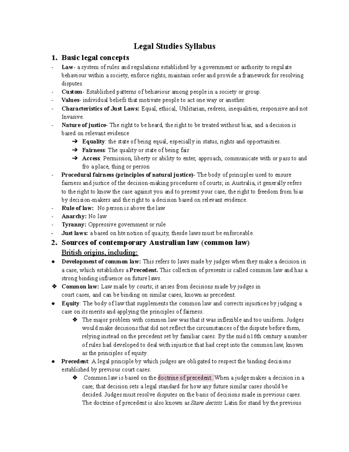 study notes legal - Legal Studies Syllabus 1. Basic legal concepts Law ...