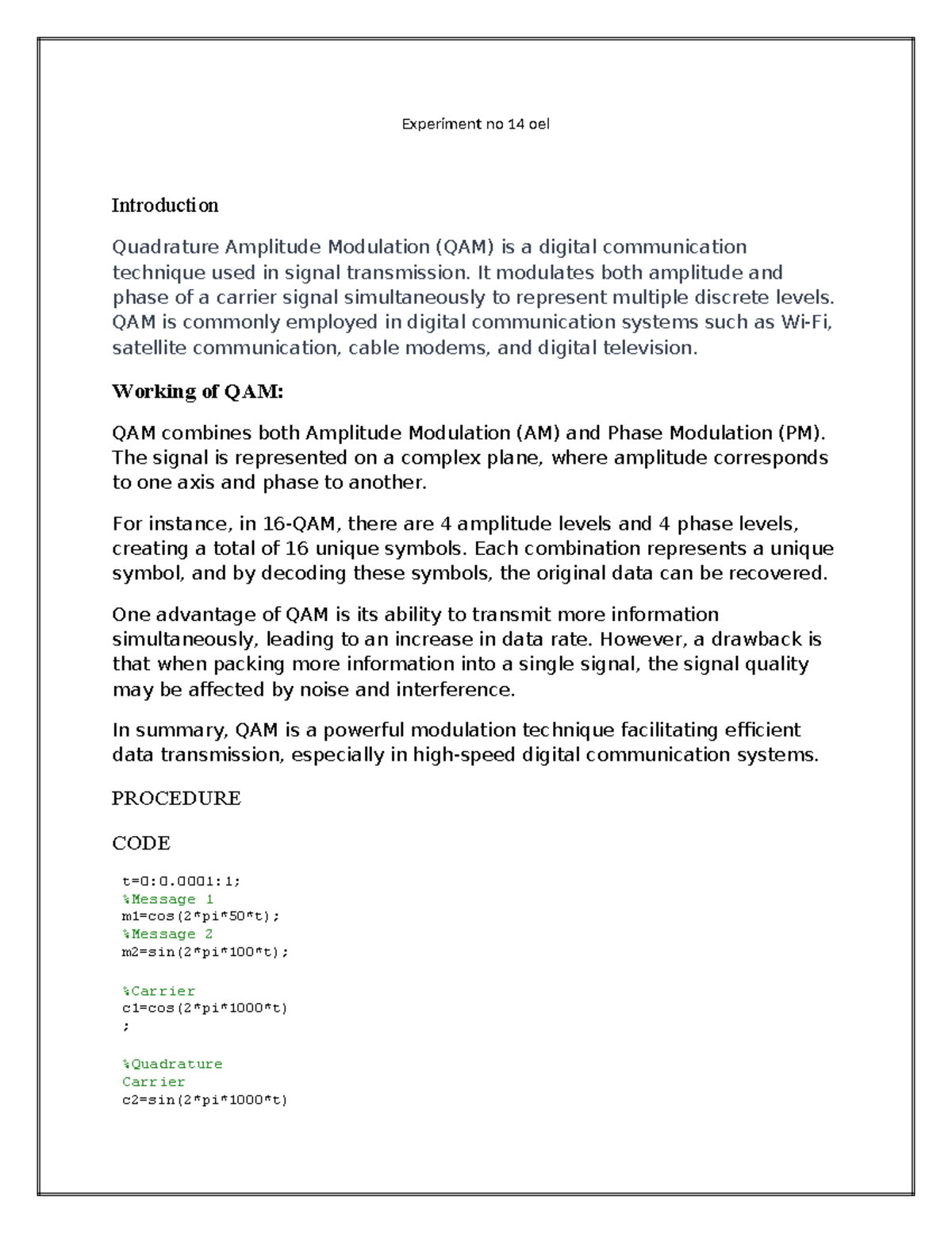 Experiment No 14 Oel Solution Of Amplitude Modulation In Matlab Simulink Experiment No 14