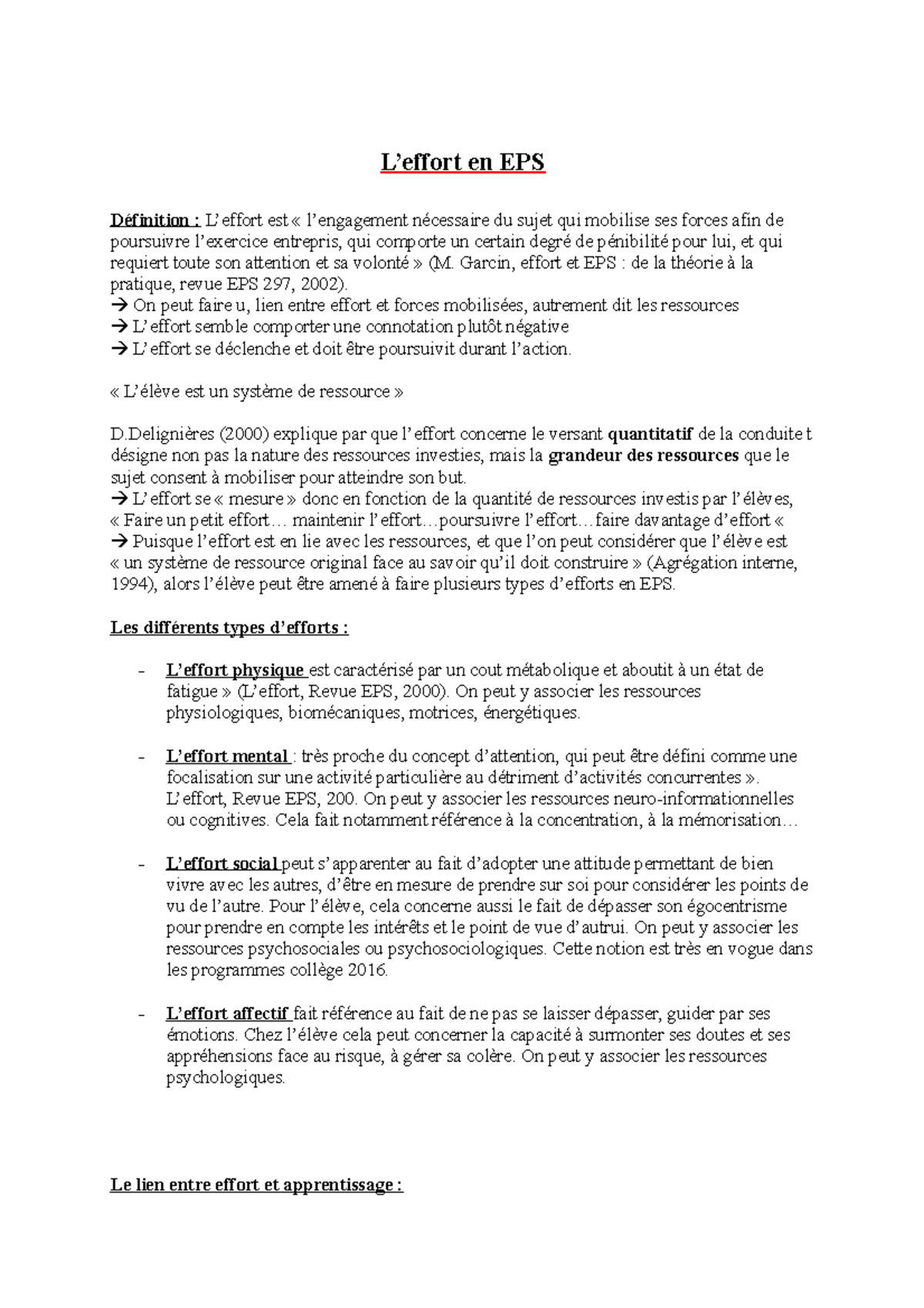 L’effort en EPS - Résumé Staps Dijon - en EPS : est du sujet qui mobilise ses forces afin de ...