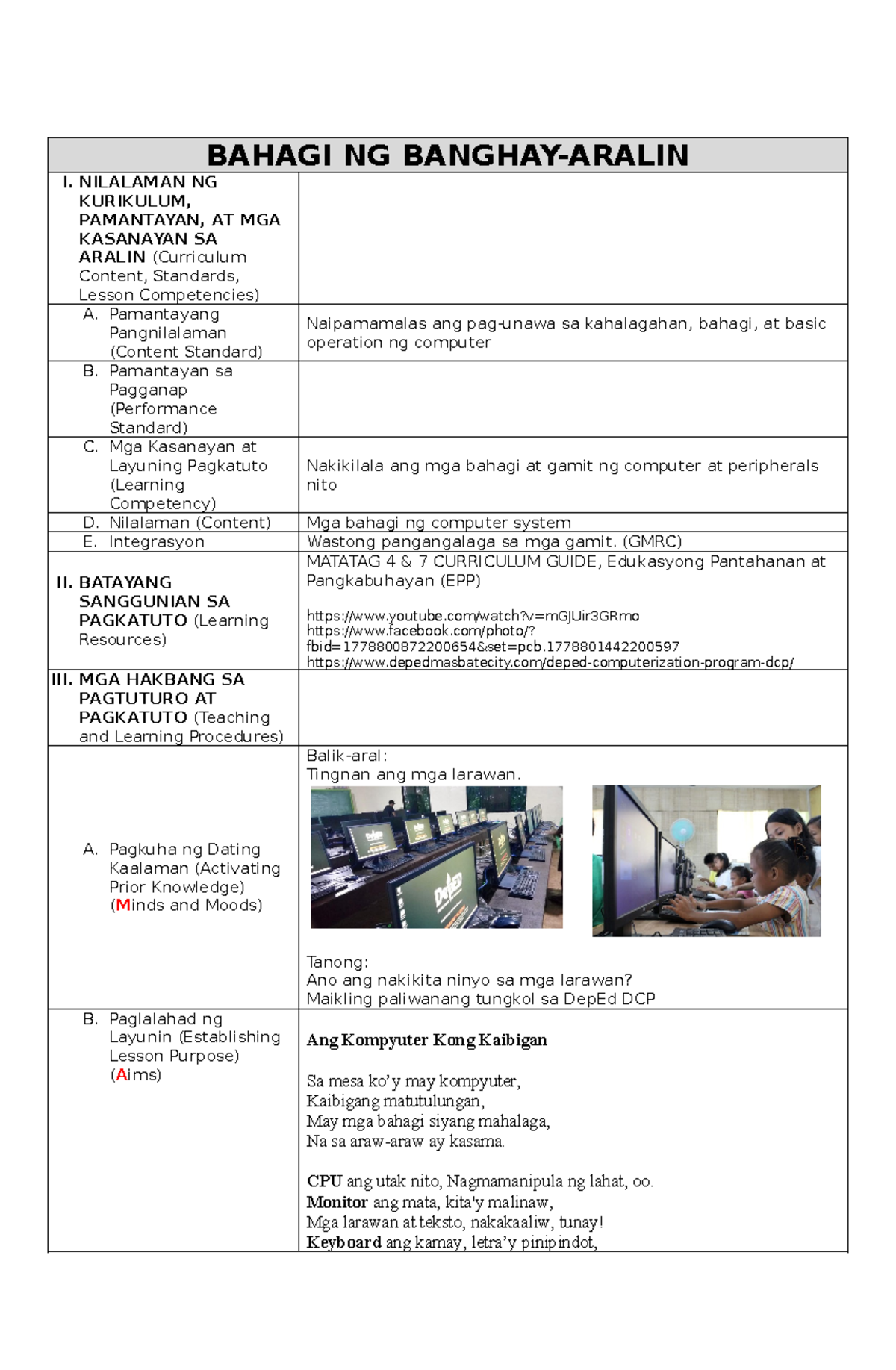 Bahagi NG Banghay Aralin - BAHAGI NG BANGHAY-ARALIN I. NILALAMAN NG ...
