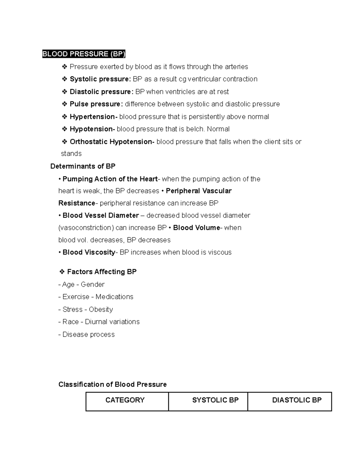Blood Pressure (BP) - notes - BLOOD PRESSURE (BP) Pressure exerted by ...