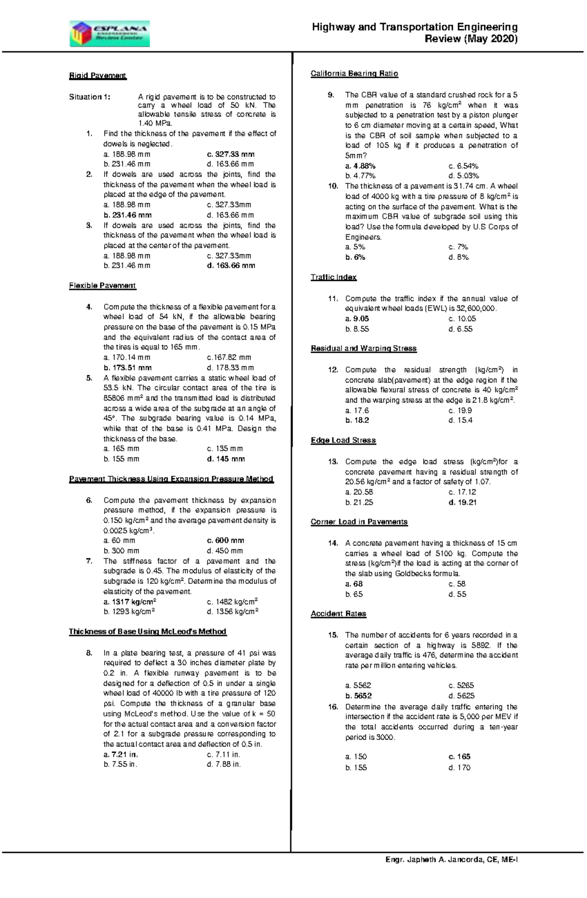 Pdfcoffee - transpo-pdf-pdf-free - Highway and Transportation Engineering Review (May 2020) Engr ...