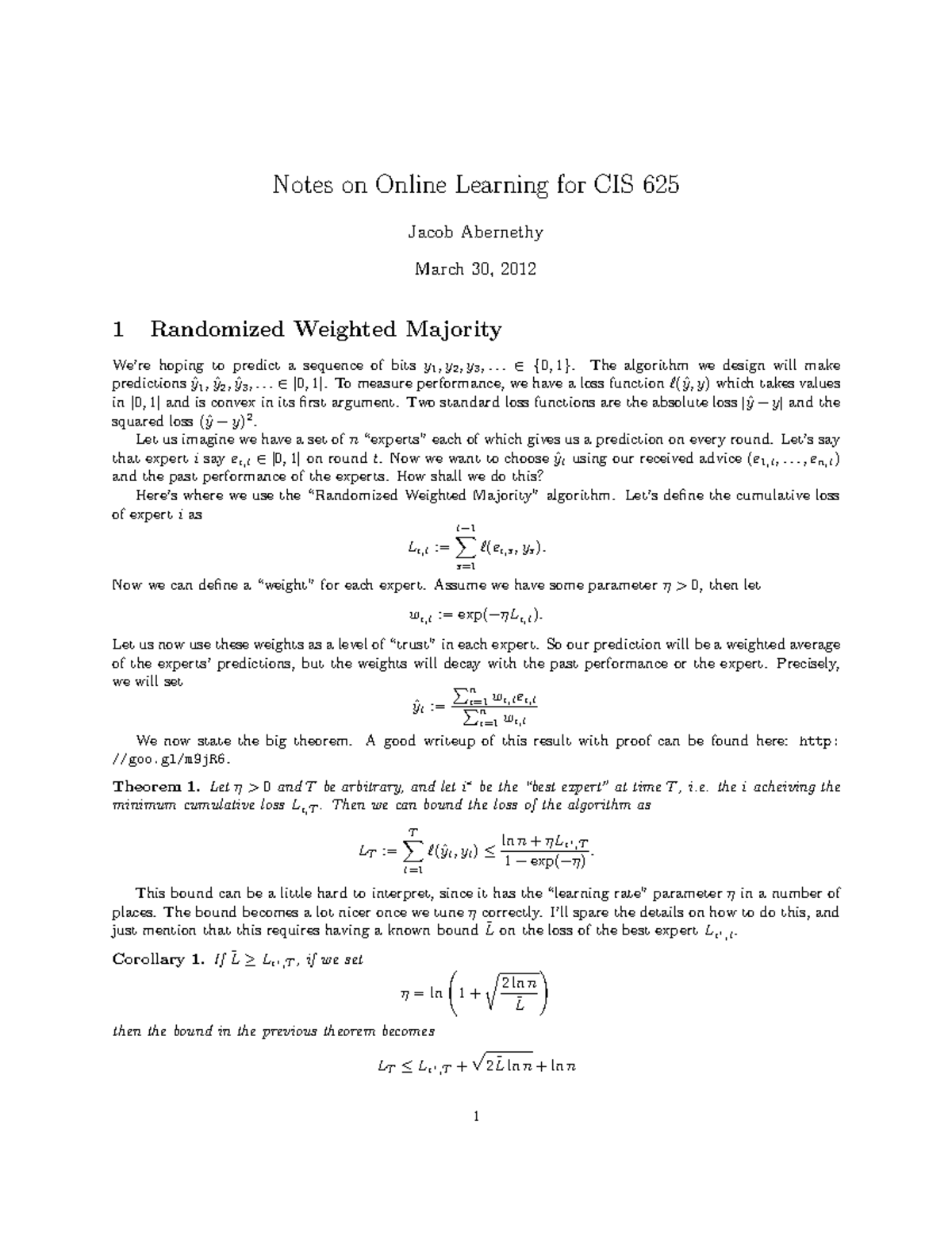 Notes on online learning - Notes on Online Learning for CIS 625 Jacob ...