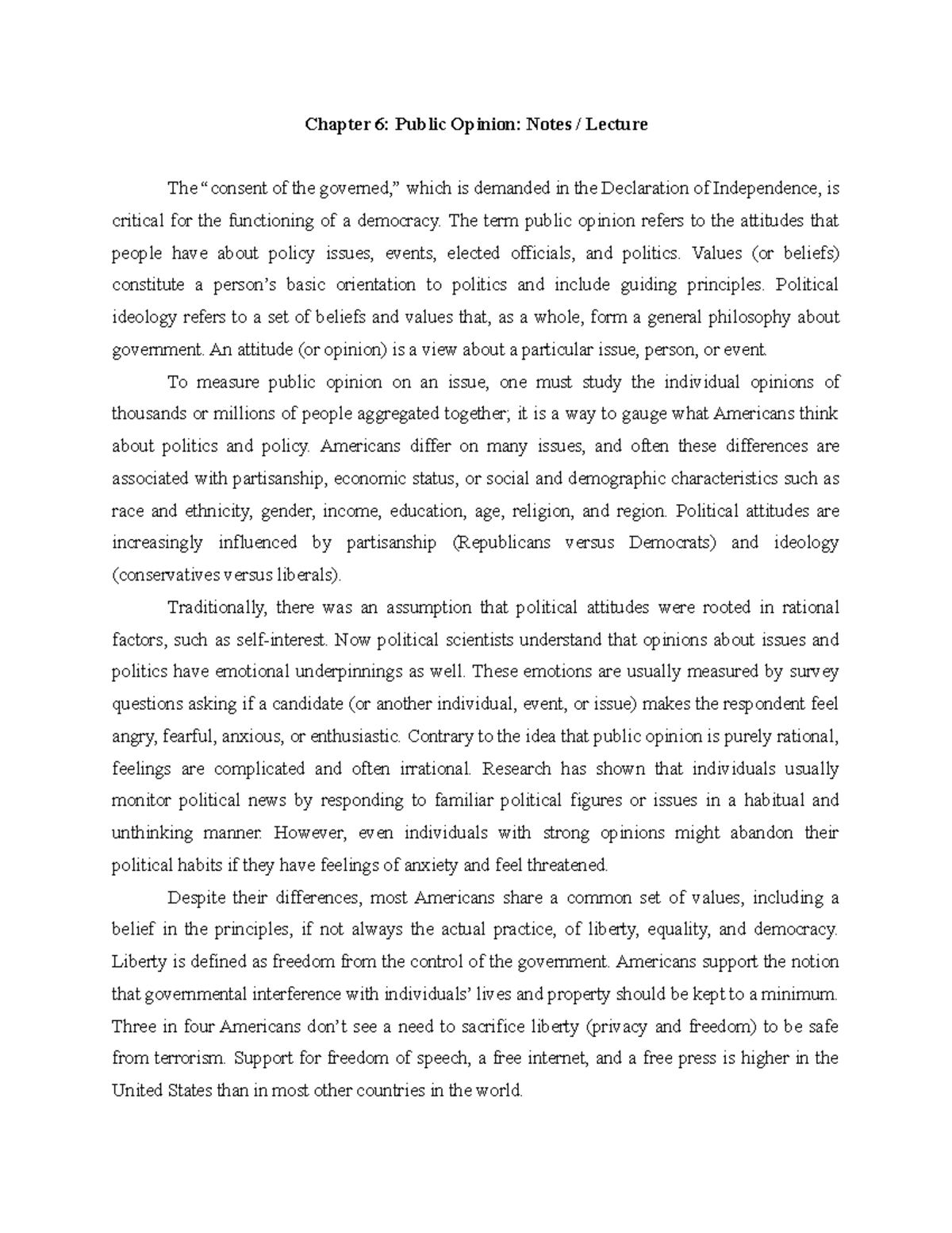 Chapter 6 Notes - Chapter 6: Public Opinion: Notes / Lecture The ...
