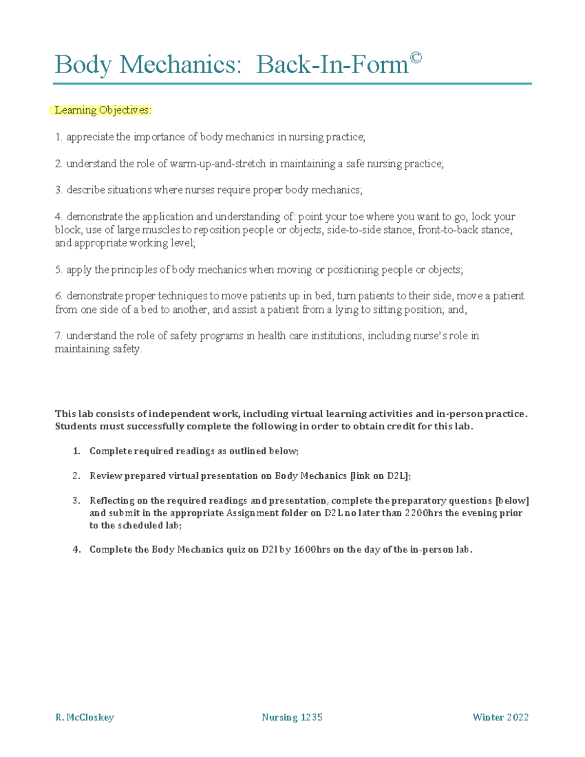 Body Mechanics Lab Jan 2023 - R. McCloskey Nursing 1235 Winter 2022 ...