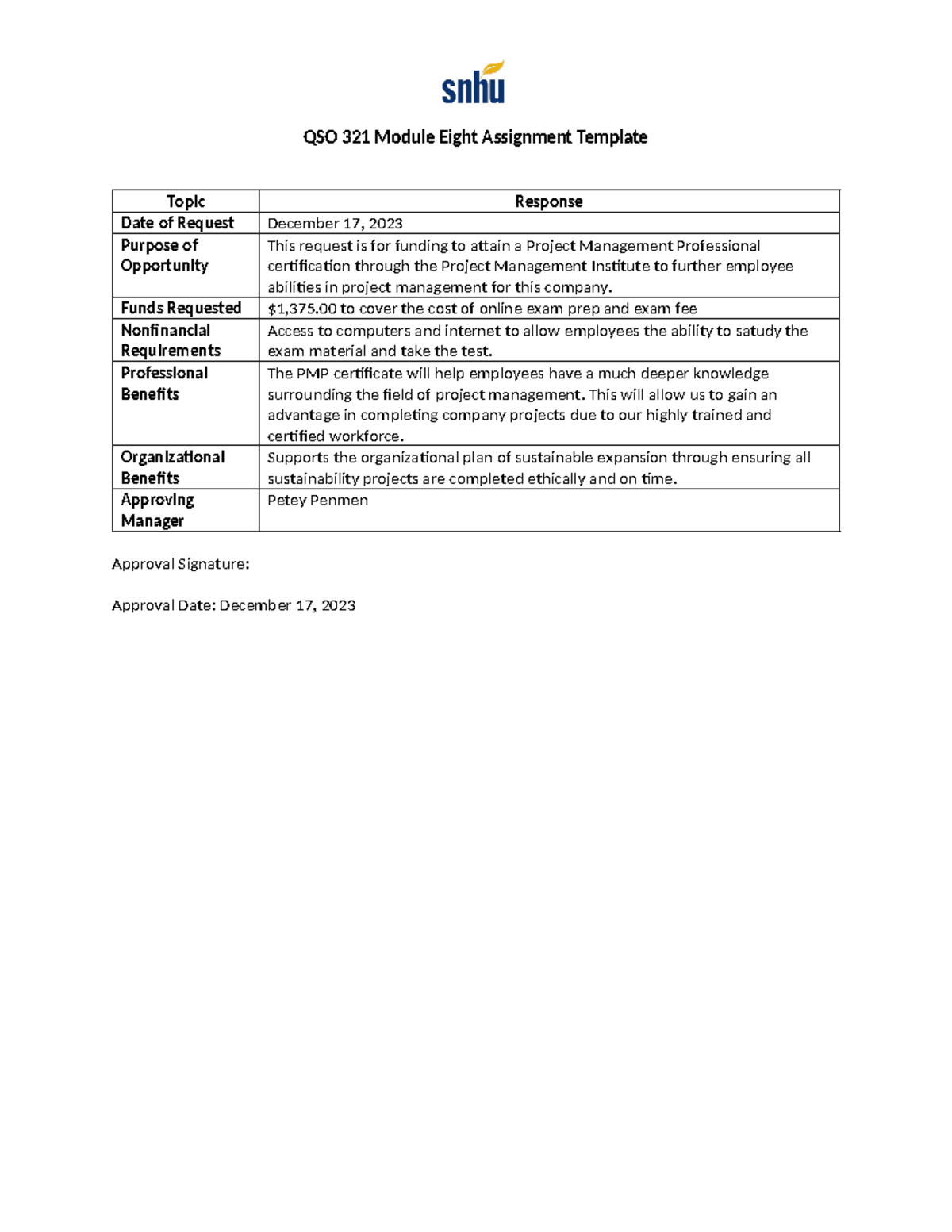 QSO 321 Module Eight Assignment - Funds Requested $1,375 to cover the ...