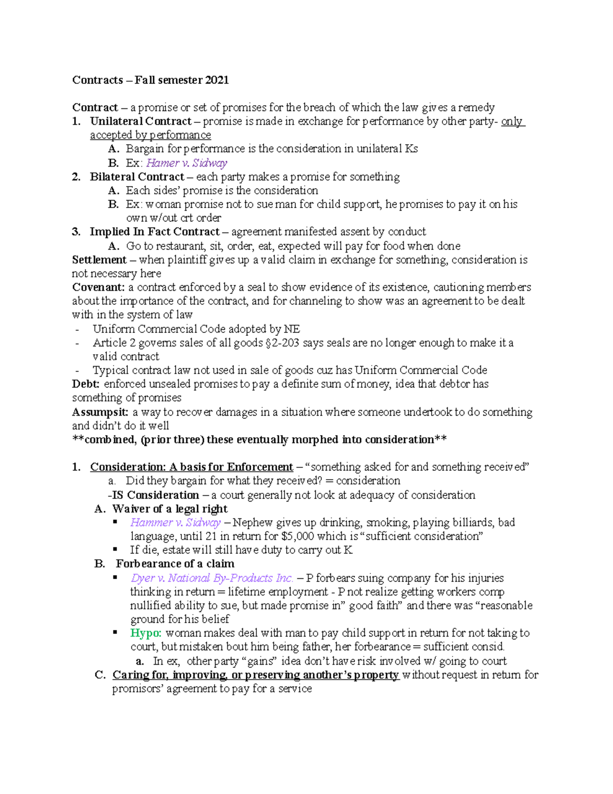 Good Contracts Outline - Contracts – Fall semester 2021 Contract – a ...
