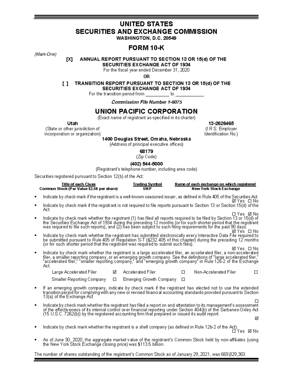 2020 FORM-10K - Union Pacific Corporation - UNITED STATES SECURITIES ...