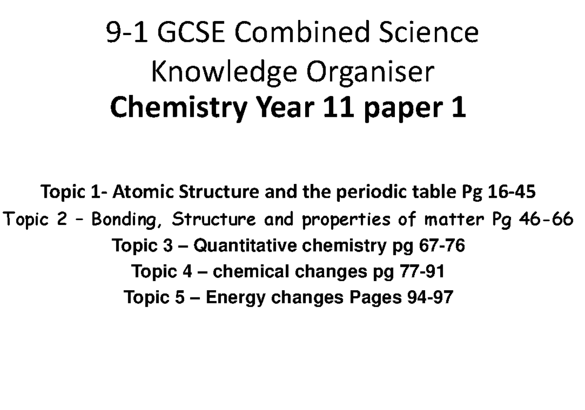 Chemistry revision sheet paper 1 - 9 - 1 GCSE Combined Science ...