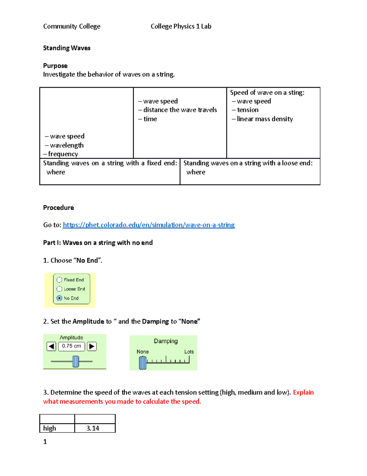 Lab 12 Standing Waves at - Standing Waves Purpose Investigate the behavior of waves on a string ...