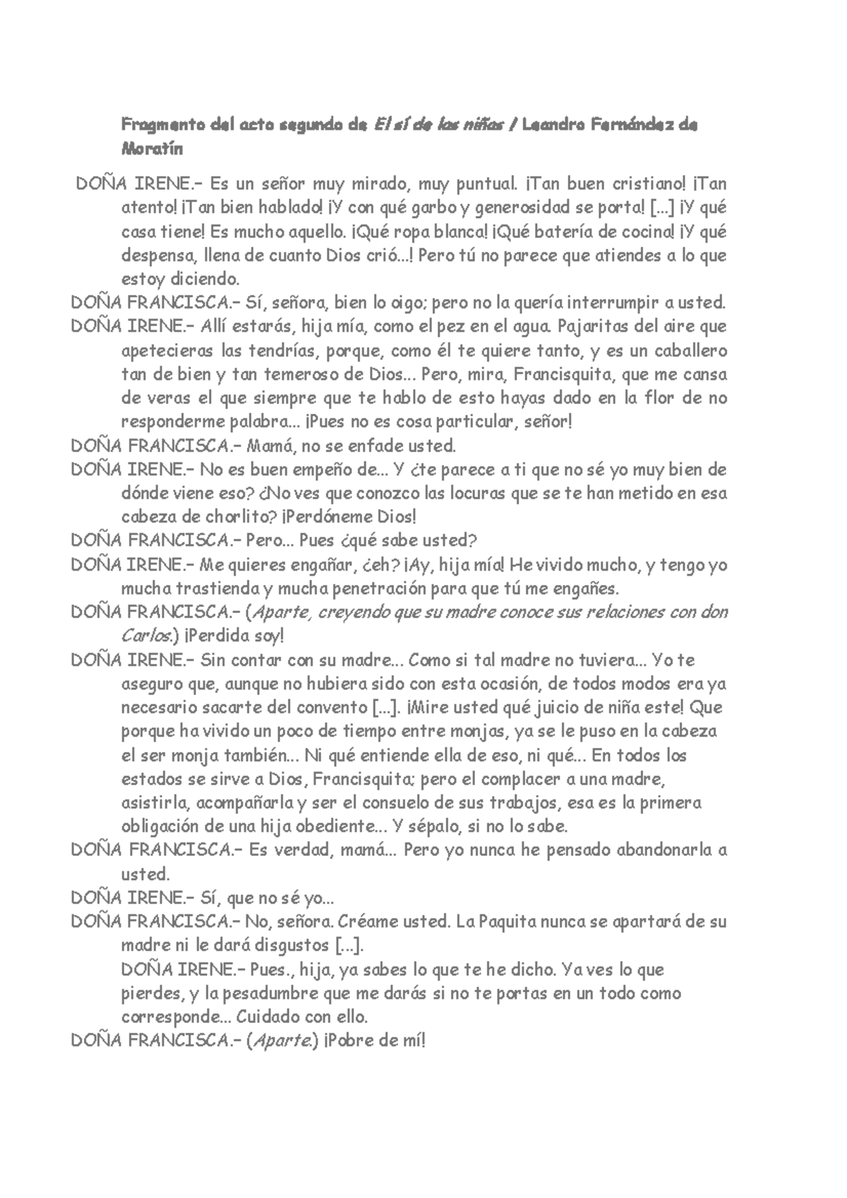 EL SÍ DE LAS Niñas - Para copiar - Fragmento del acto segundo de El sí ...