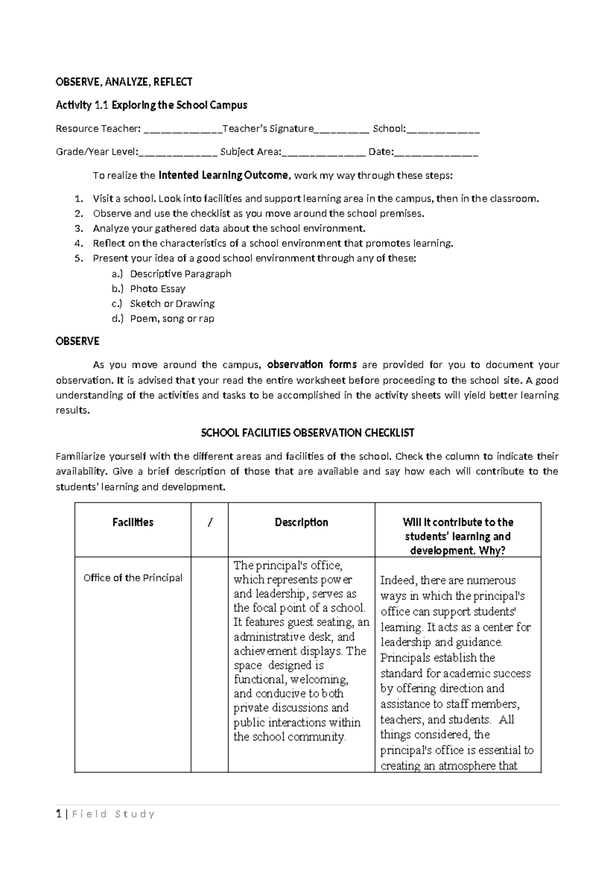 FS-1 (C) - OBSERVE, ANALYZE, REFLECT Activity 1 Exploring the School ...