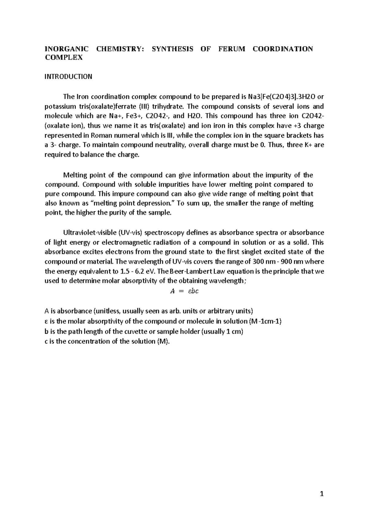 Synthesis OF Ferum Coordination Complex - INORGANIC CHEMISTRY ...