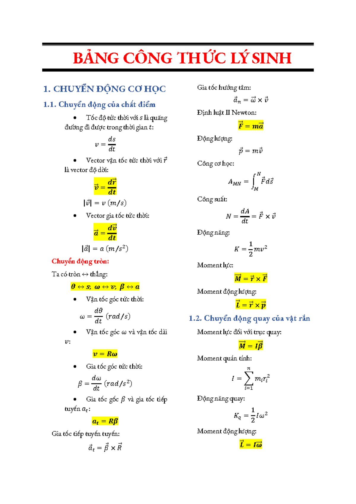 BẢNG CÔNG THỨC LÝ SINH - BẢNG CÔNG THỨC LÝ SINH 1. CHUYỂN ĐỘNG CƠ HỌC 1 ...
