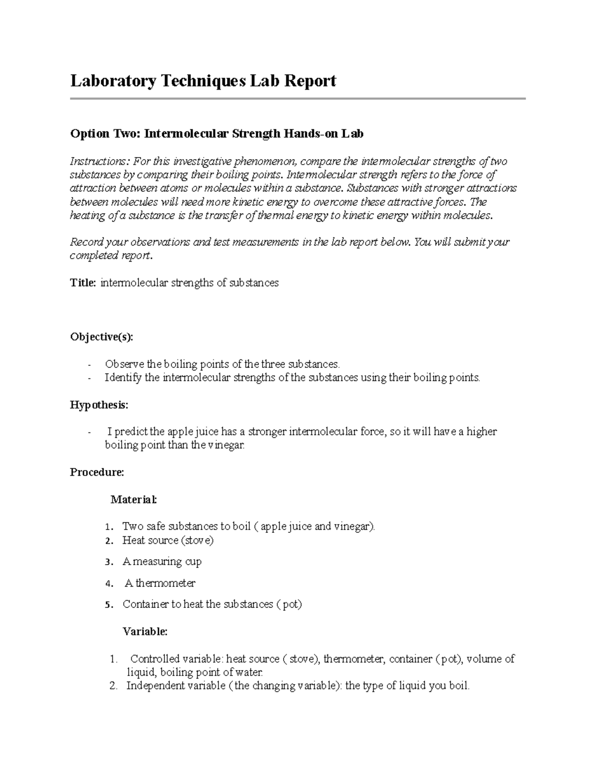 Ava Mills laboratory techniques option two report - Laboratory ...