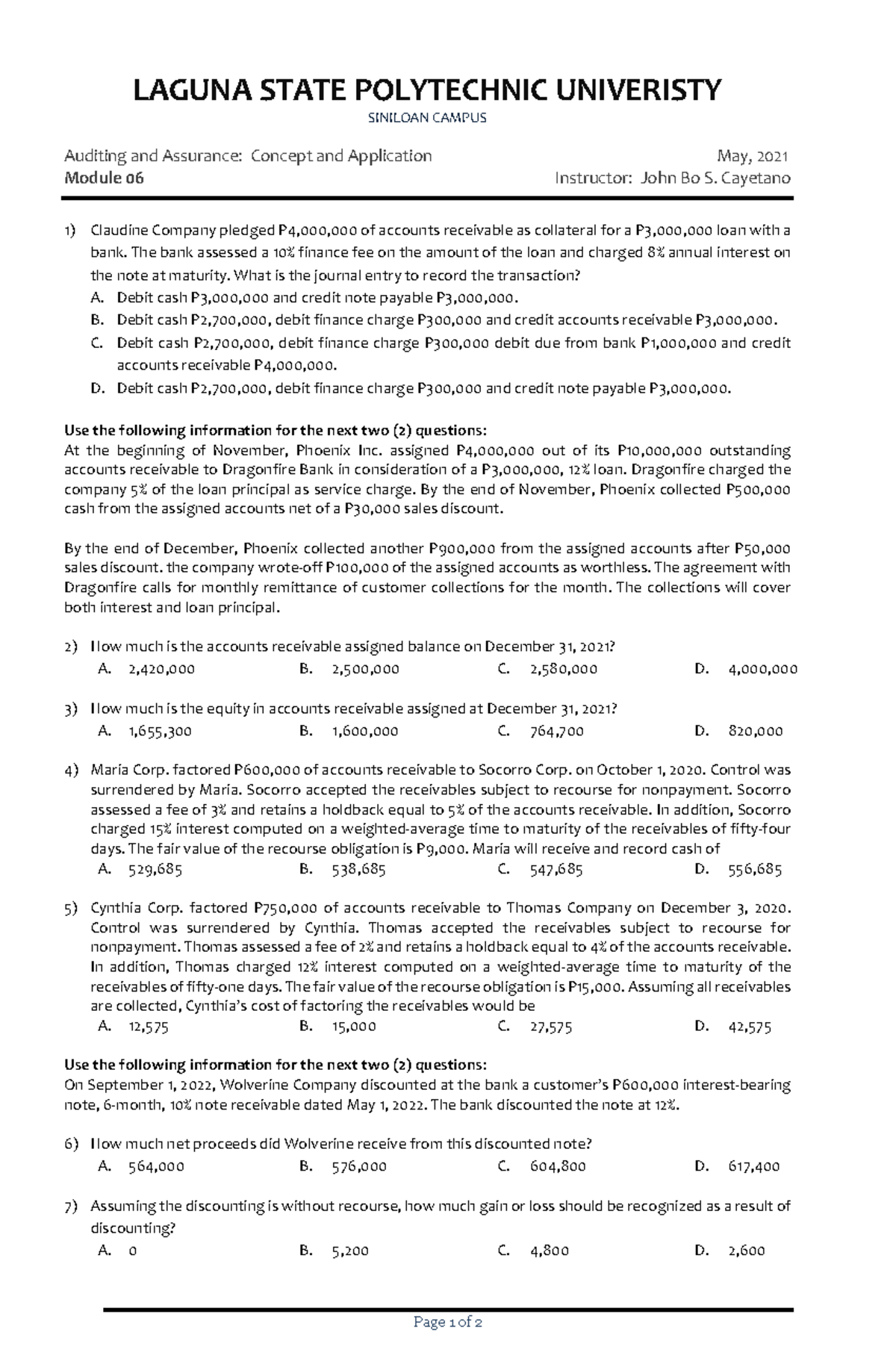 ASSIGNMENT 06 Receivable financing - Page 1 of 2 LAGUNA STATE ...