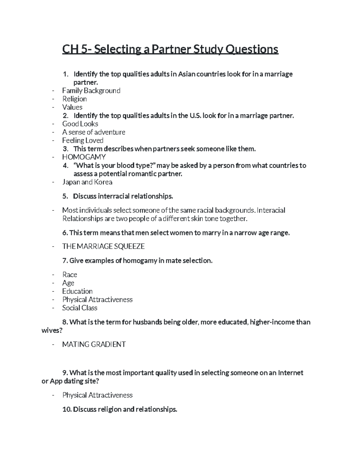 CH 5- Selecting a Partner Study Questions - CH 5- Selecting a Partner ...