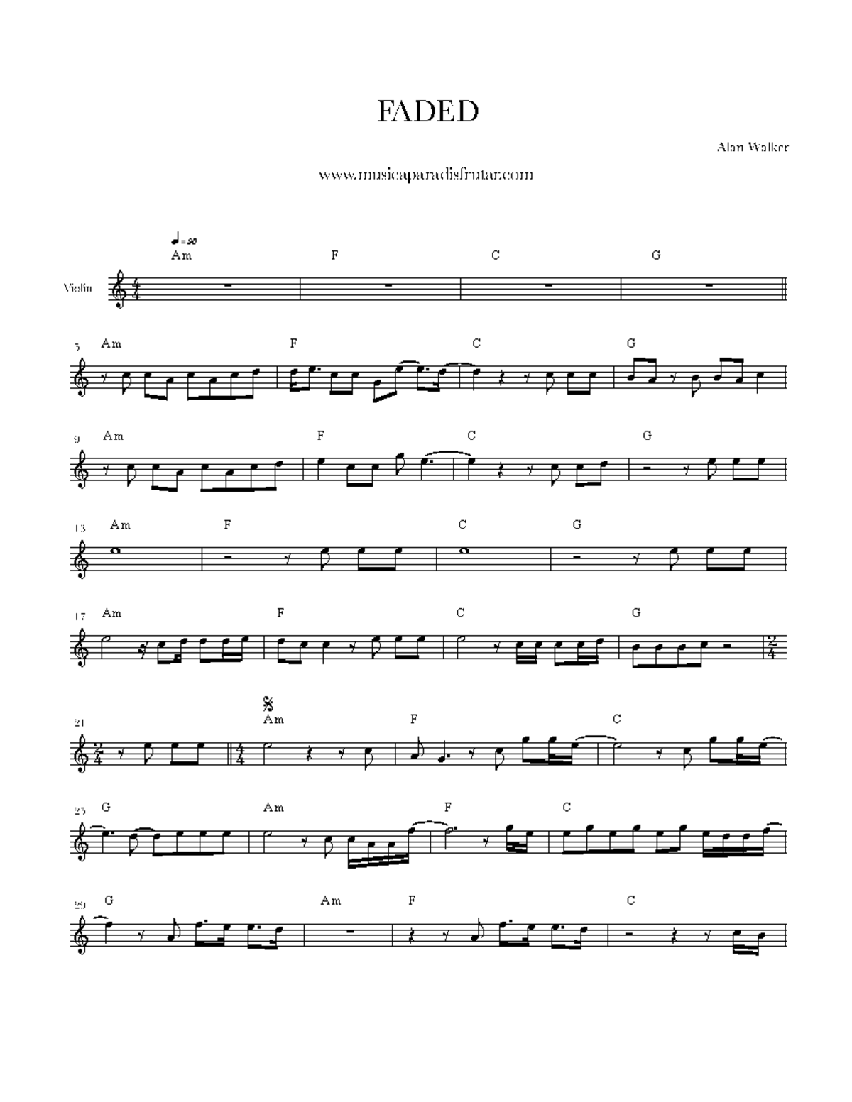 Partitura Violin - Faded Alan Walker - FADED musicaparadisfrutar Alan ...