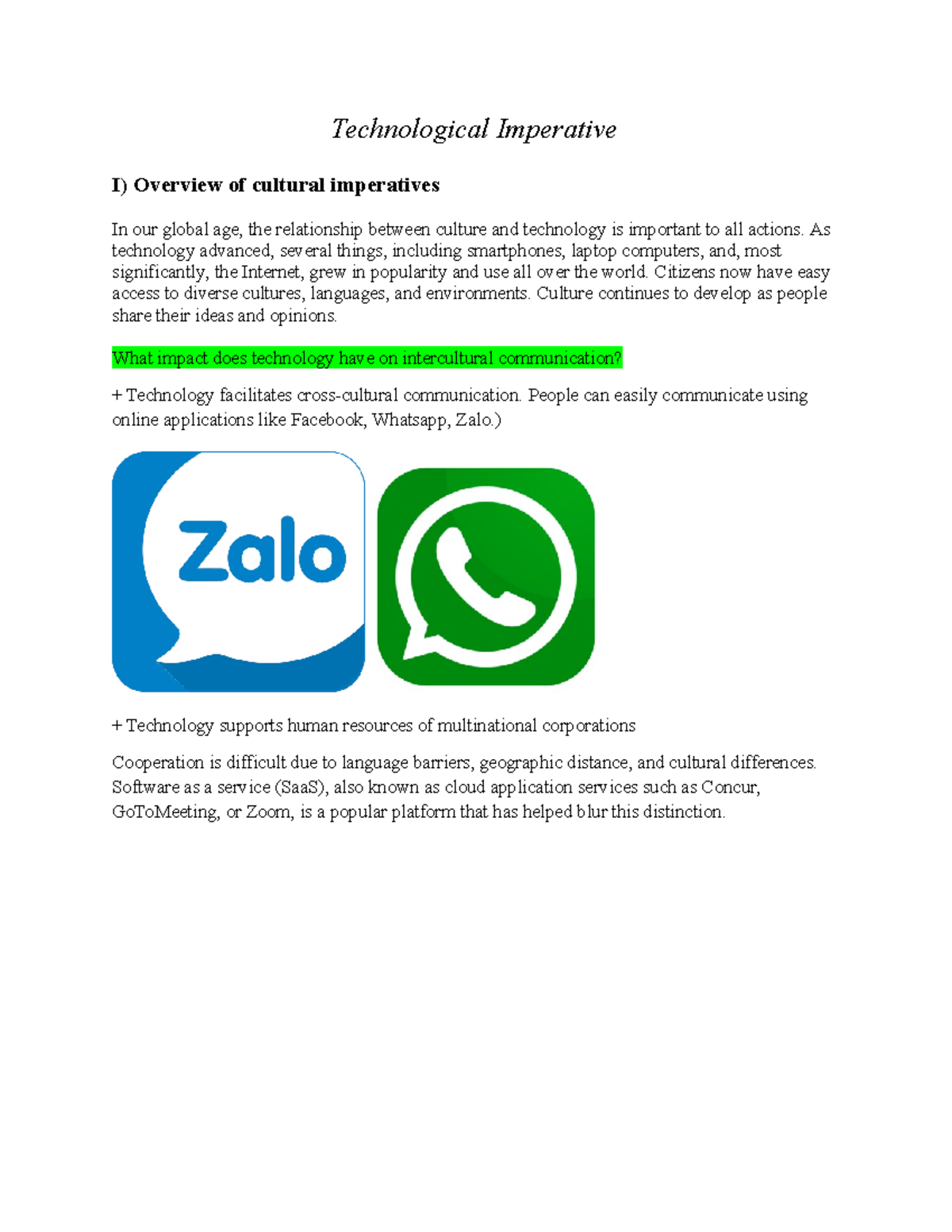 Cultural Imperative - Technological Imperative I) Overview of cultural ...