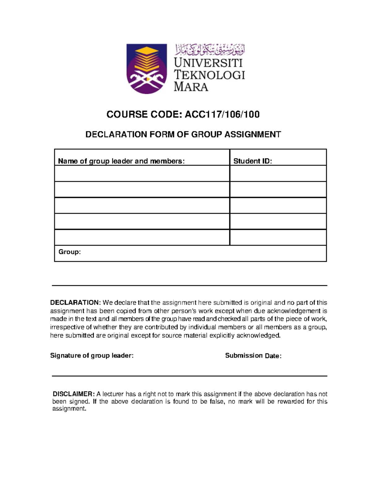 ACC117 Format - COURSE CODE: ACC117/106/ DECLARATION FORM OF GROUP ...