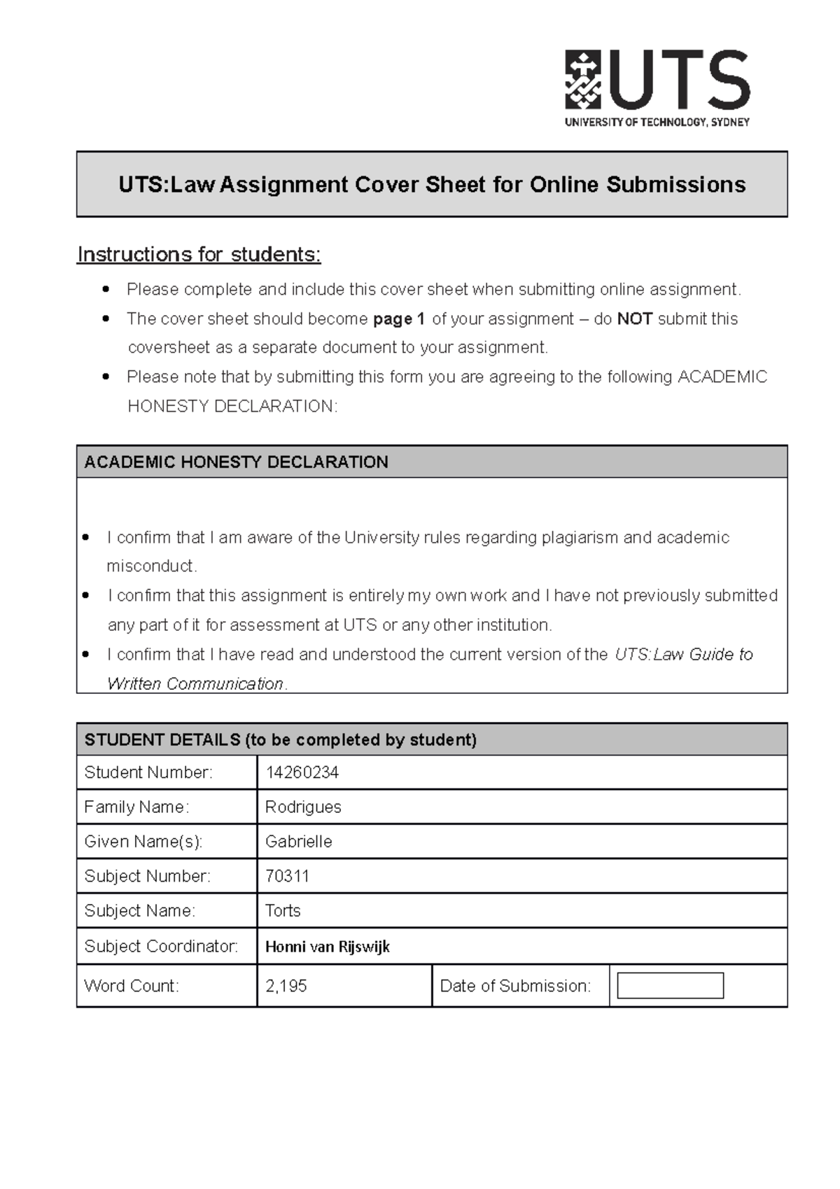 Tort Essay - Negligence Claims - UTS:Law Assignment Cover Sheet for ...