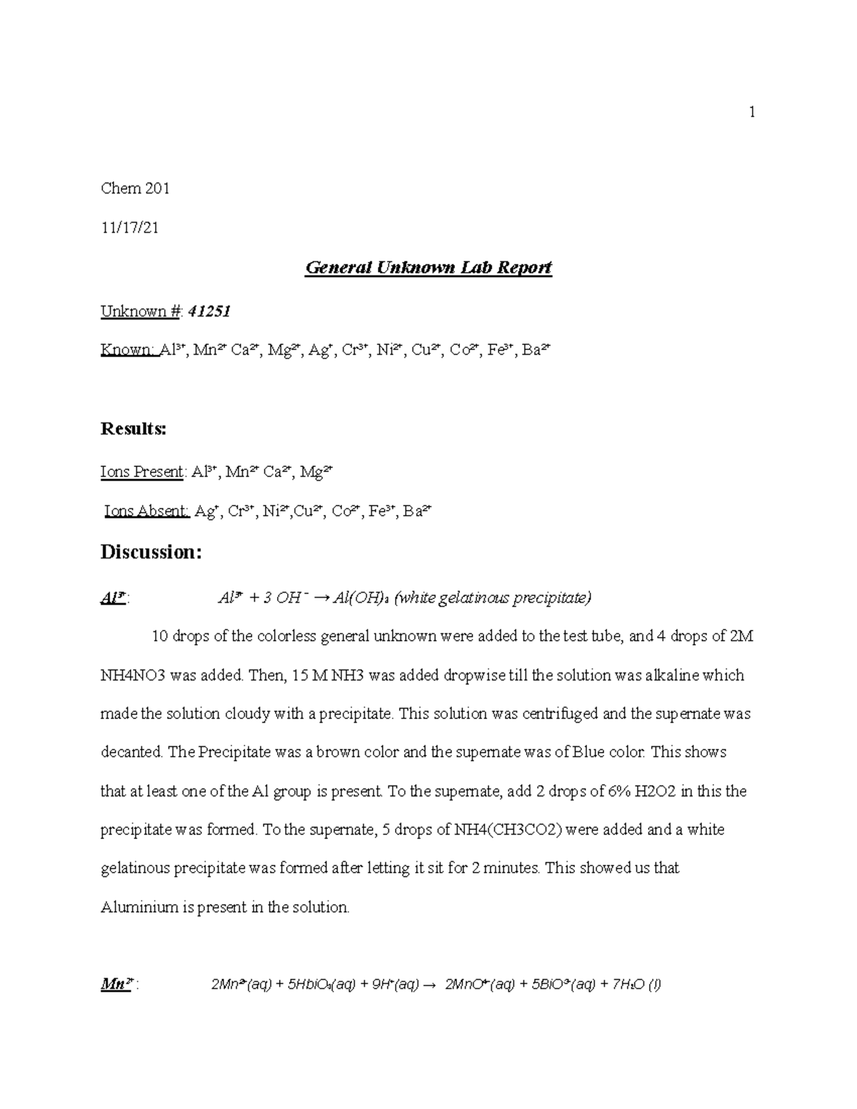 General unknown lab report - 1 Chem 201 General Unknown Lab Report ...