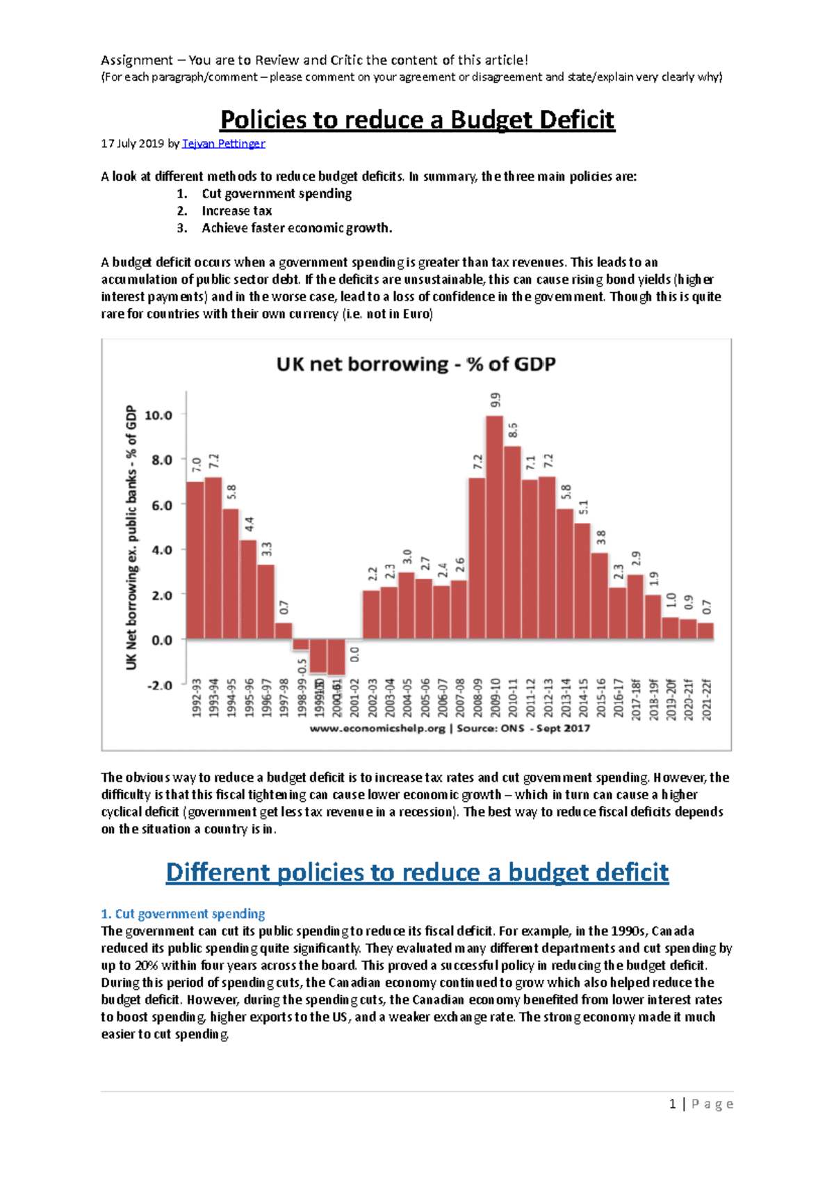 Policies to reduce a Budget Deficit - (For each paragraph/comment ...