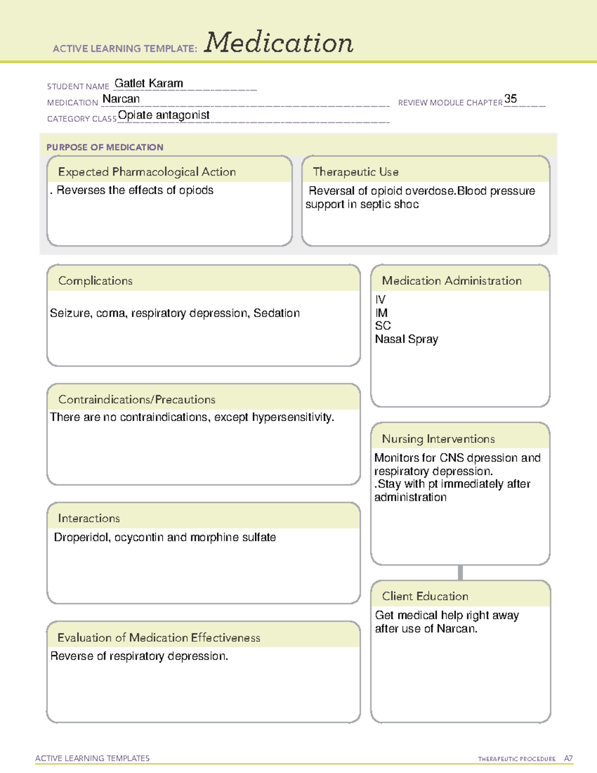 Narcan - Pharm - ACTIVE LEARNING TEMPLATES TherapeuTic procedure A ...