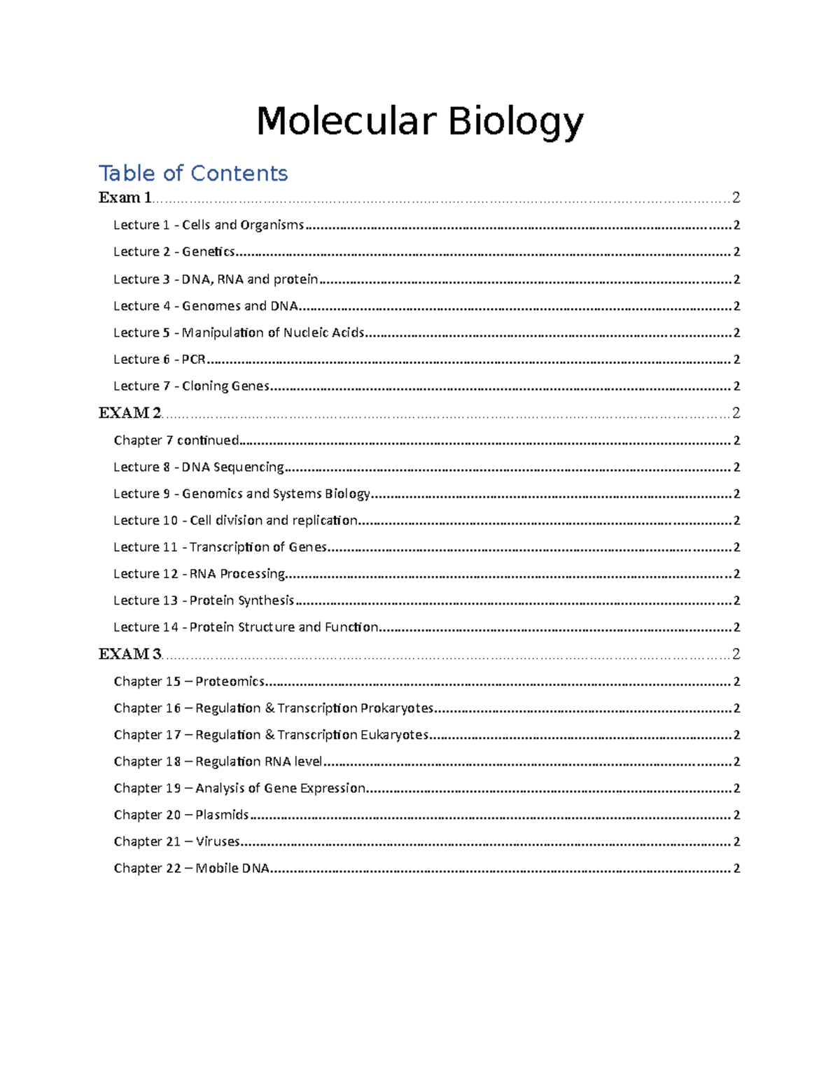 Molecular Biology Test Review - Molecular Biology Table of Contents ...