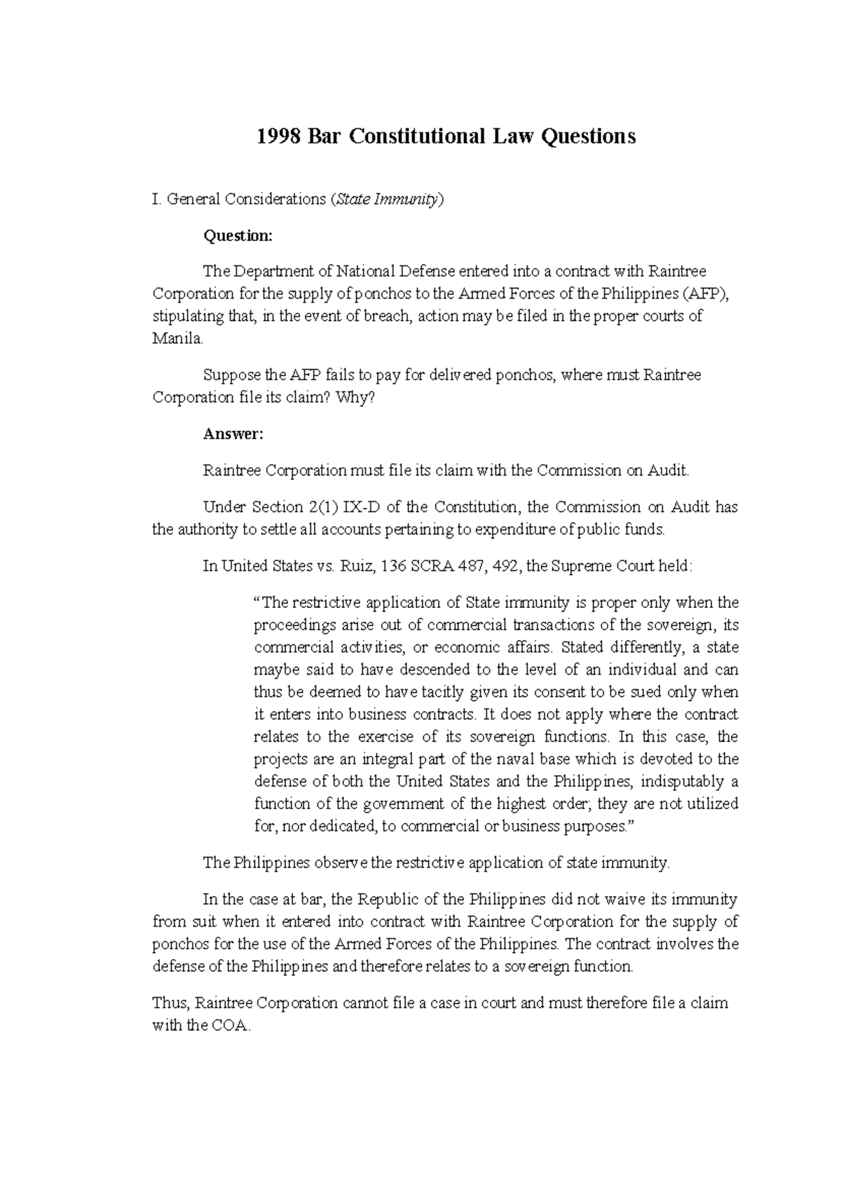 1998 Bar Examination - Bar Exam Sample - 1998 Bar Constitutional Law ...