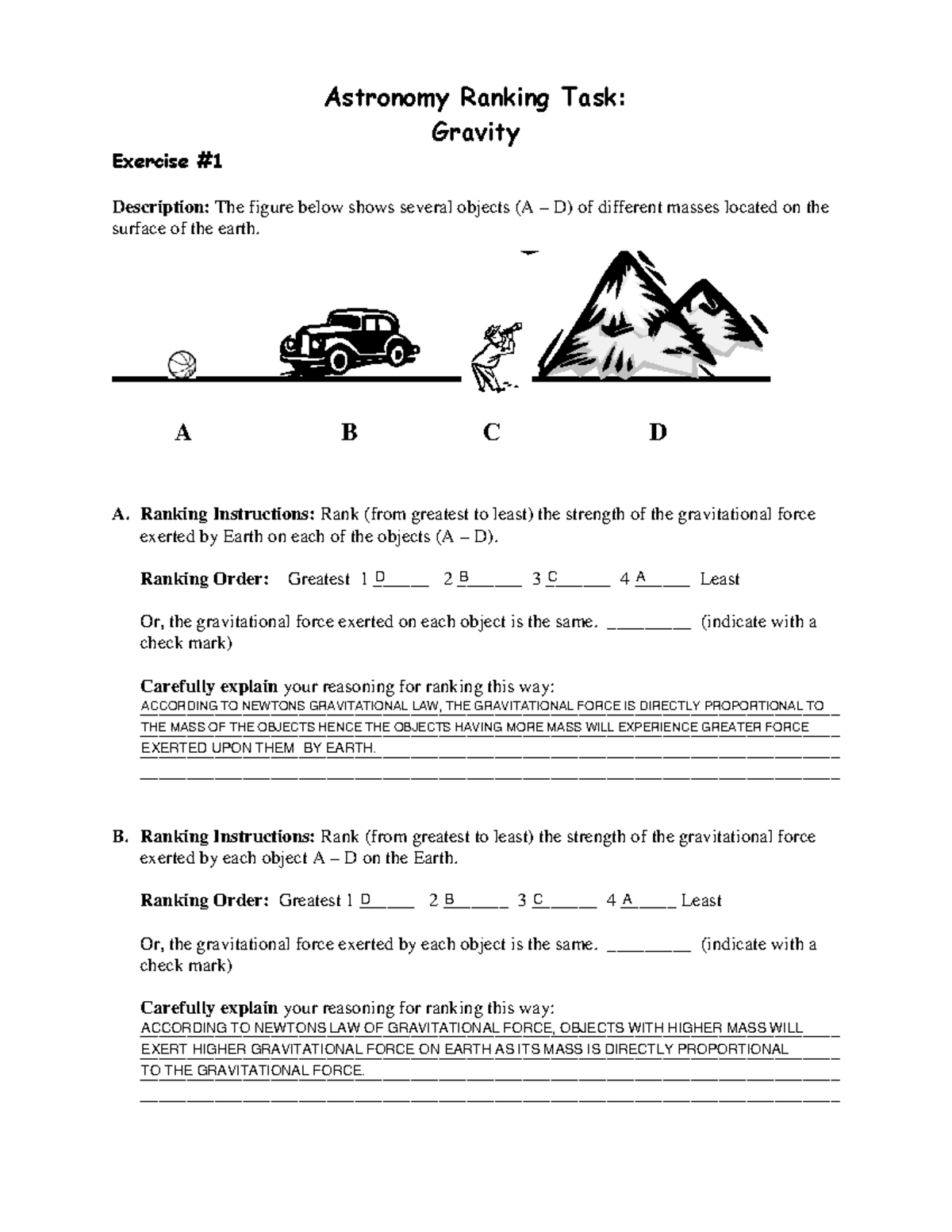 Gravity Ranking - Gravity Exercise # Description: The figure below ...